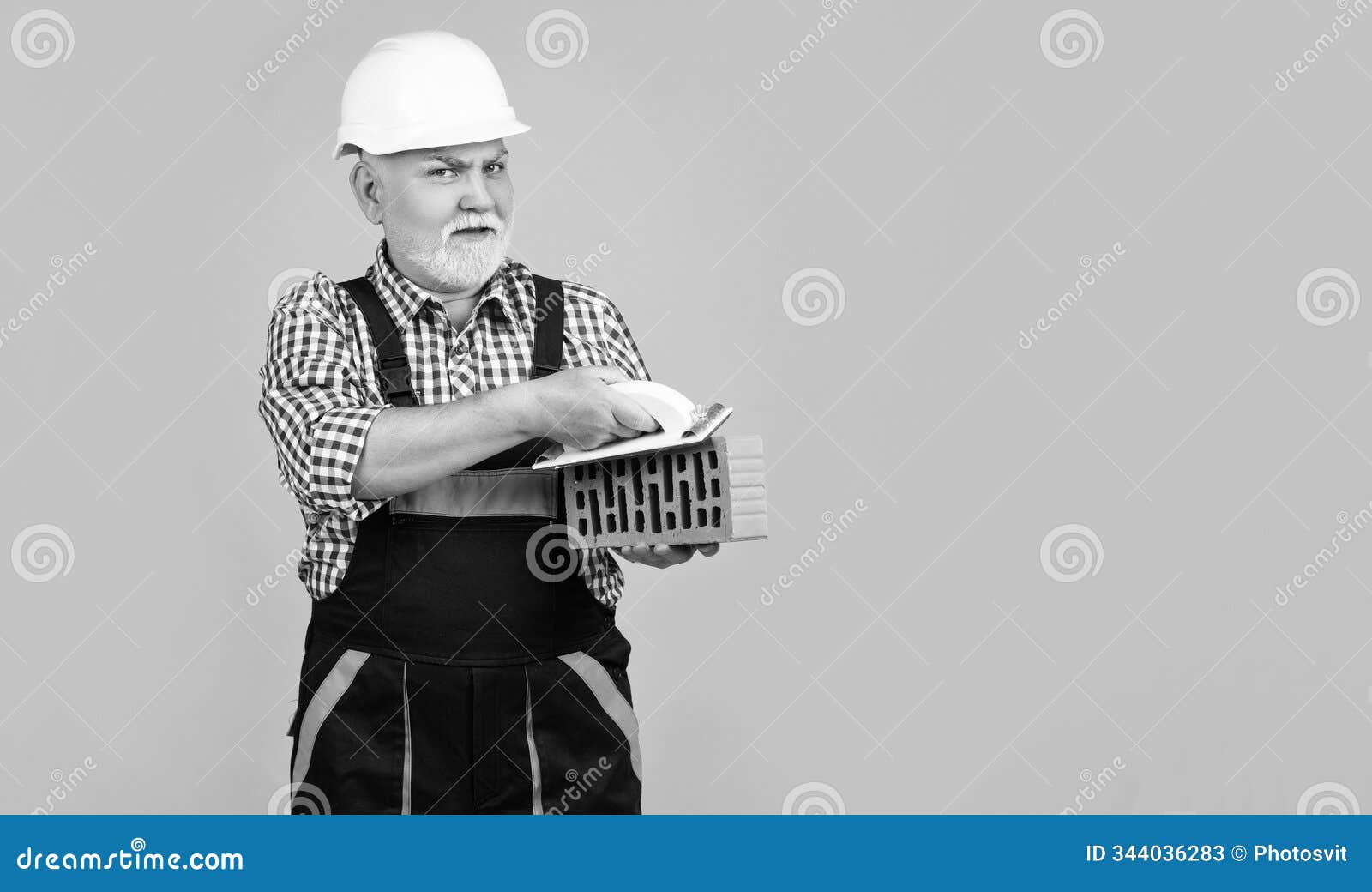 Smiling Old Aged Man Bricklayer in Helmet on Yellow Background Stock ...