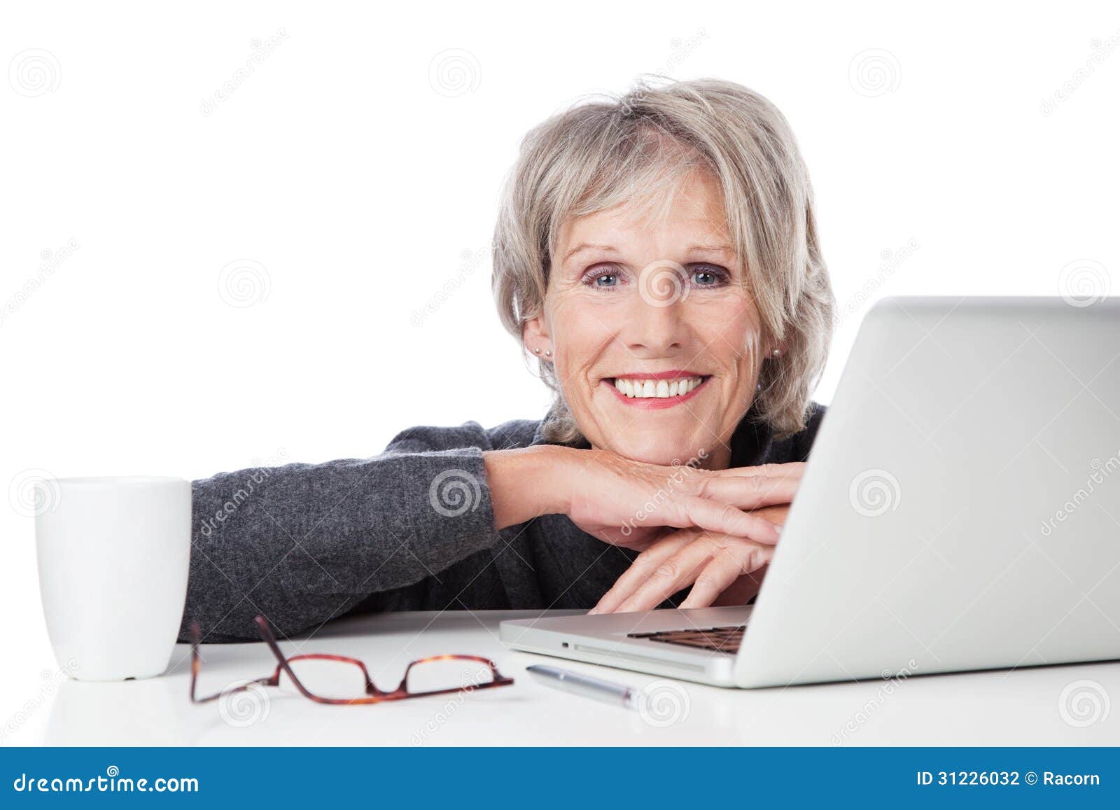 Smiling Old Woman Behind Laptop Stock Photo - Image of attractive ...