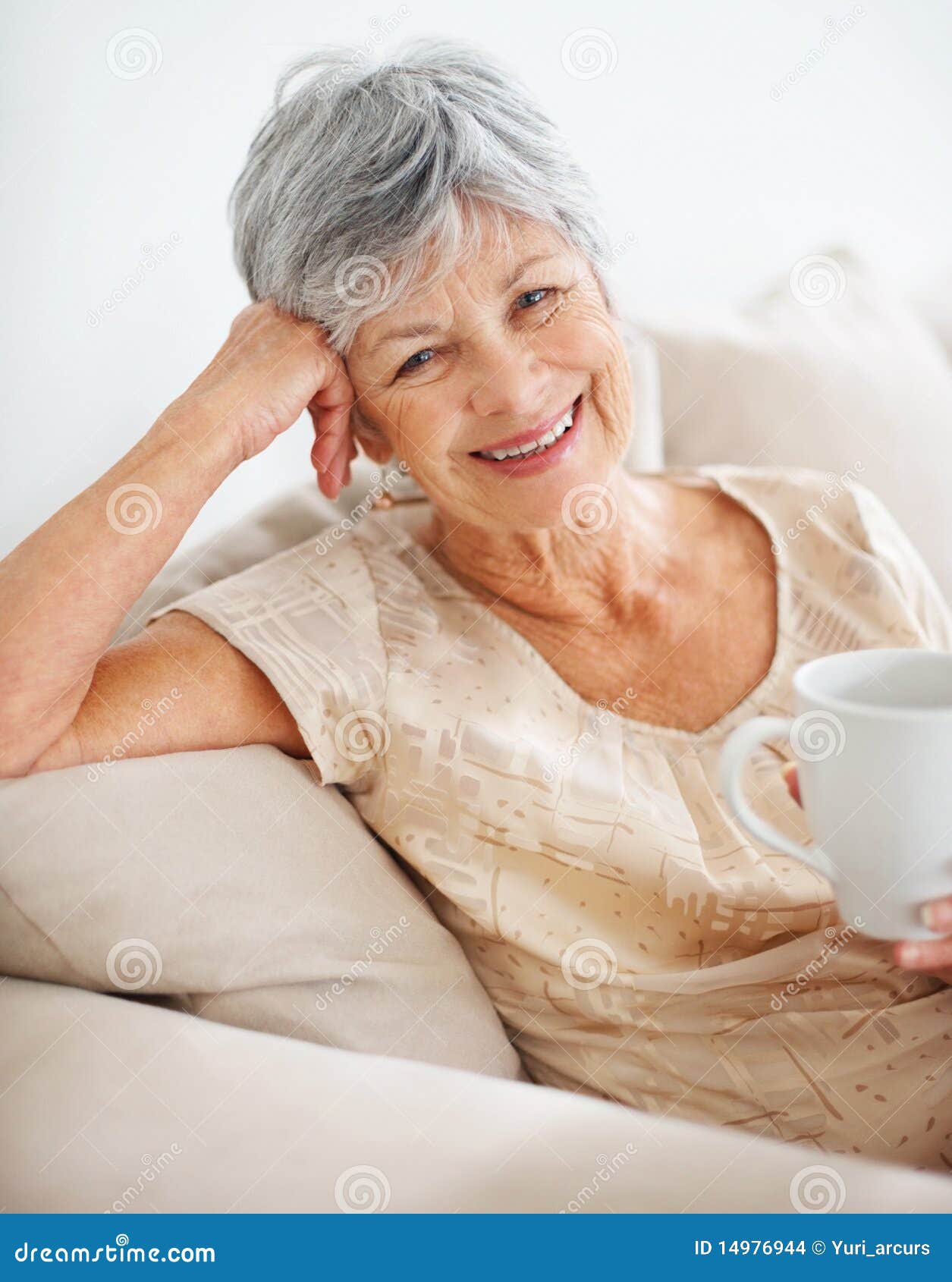 Smiling Old Woman at Home Drinking Coffee Stock Photo - Image of ...