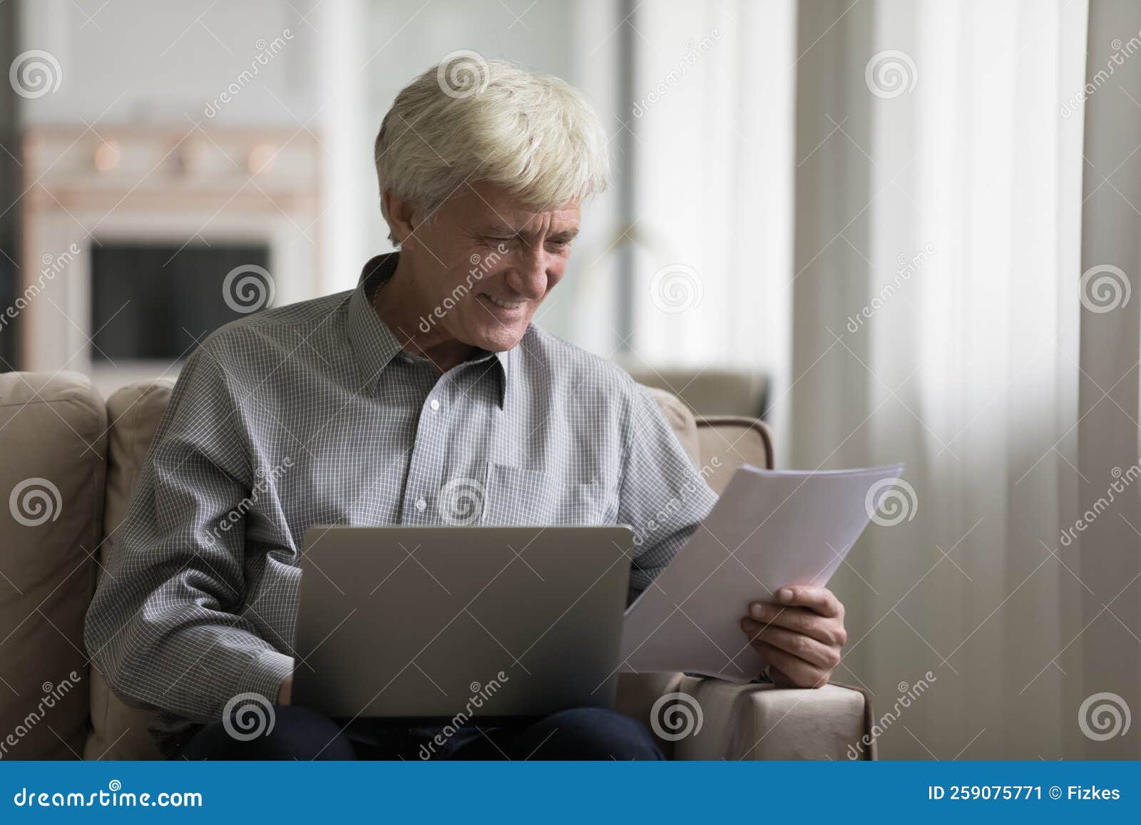 Older Man Use Laptop, Read Papers Looks Satisfied Stock Image - Image ...