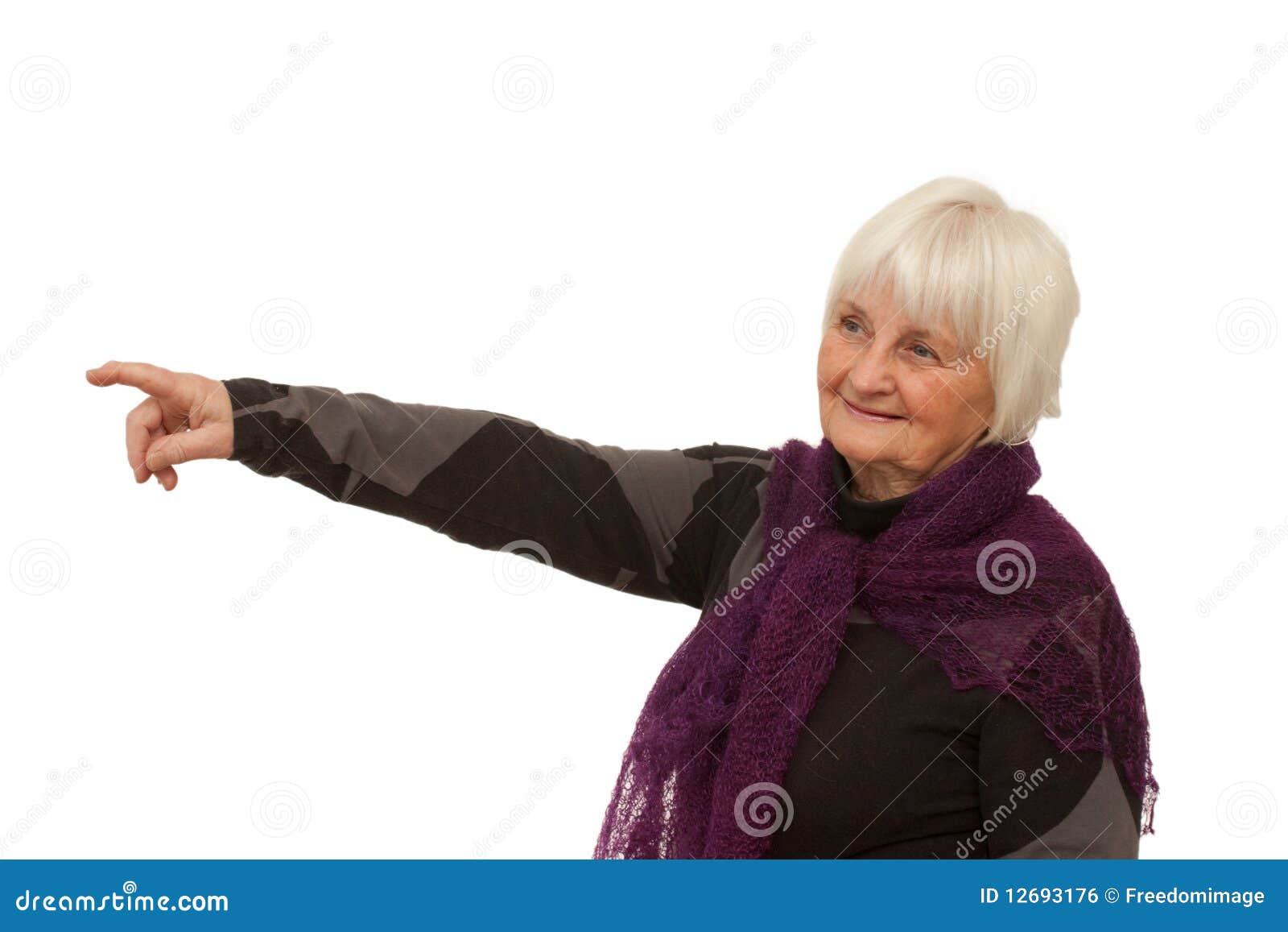 Smiling Older Woman Pointing Over There Stock Photo - Image of girl ...