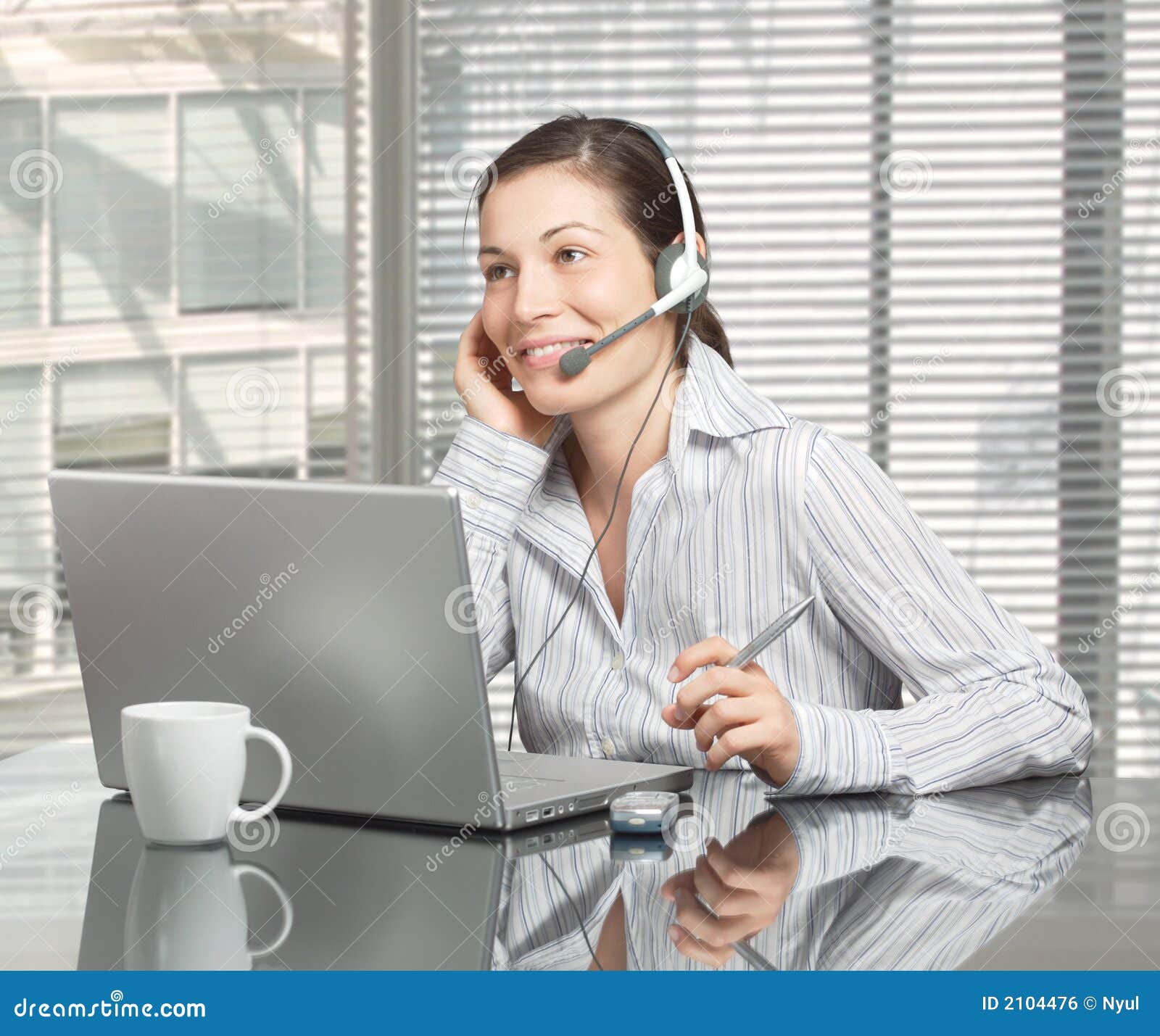 Smiling operator stock photo. Image of microphone, female - 2104476