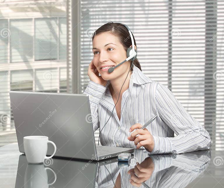 Smiling operator stock photo. Image of microphone, female - 2104476