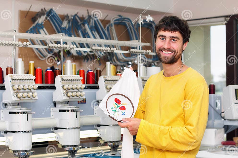 Smiling Operator of Automatic Embroidery Machines Stock Image - Image ...
