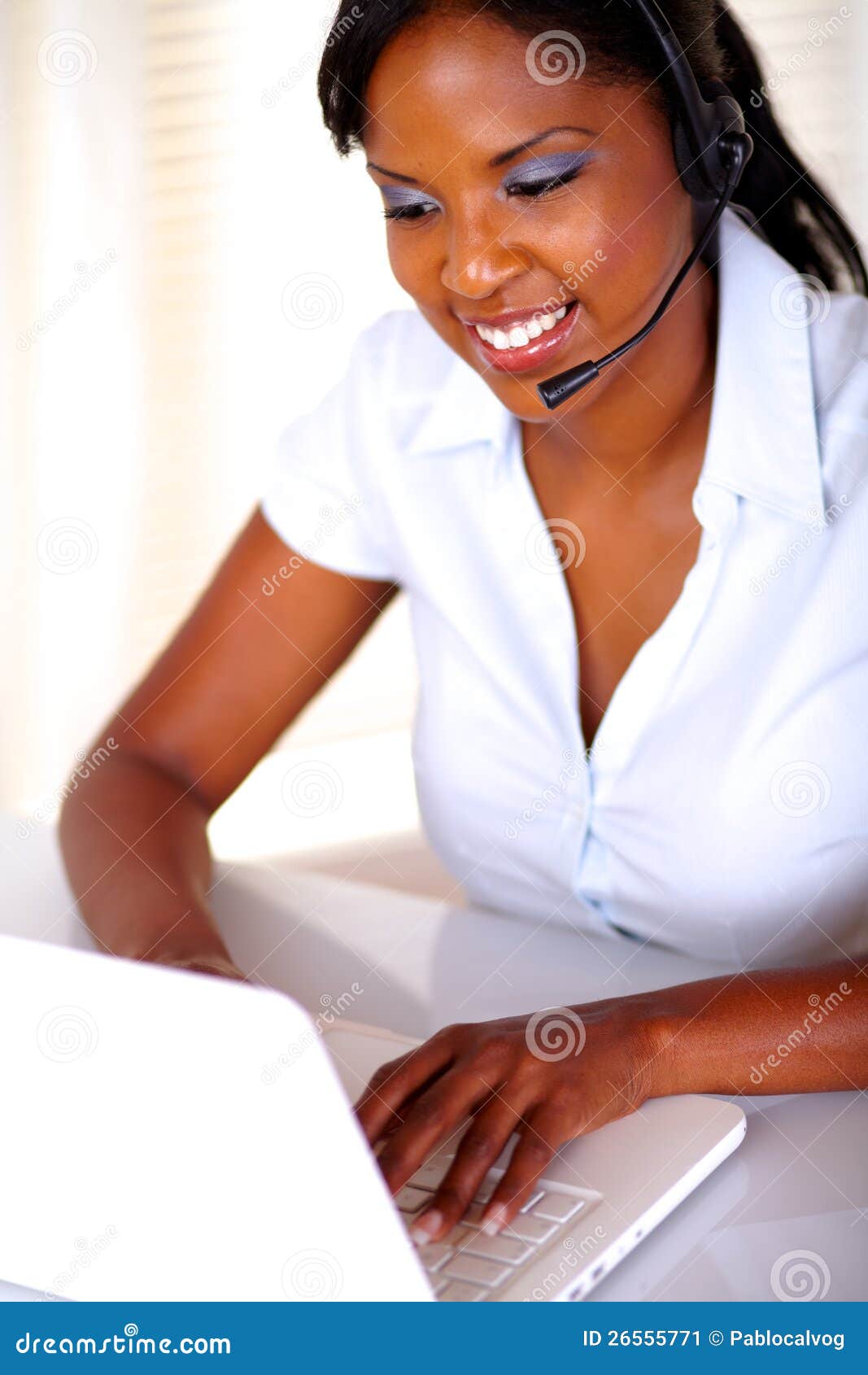 Smiling Operator Conversing on Microphone Stock Image - Image of ...
