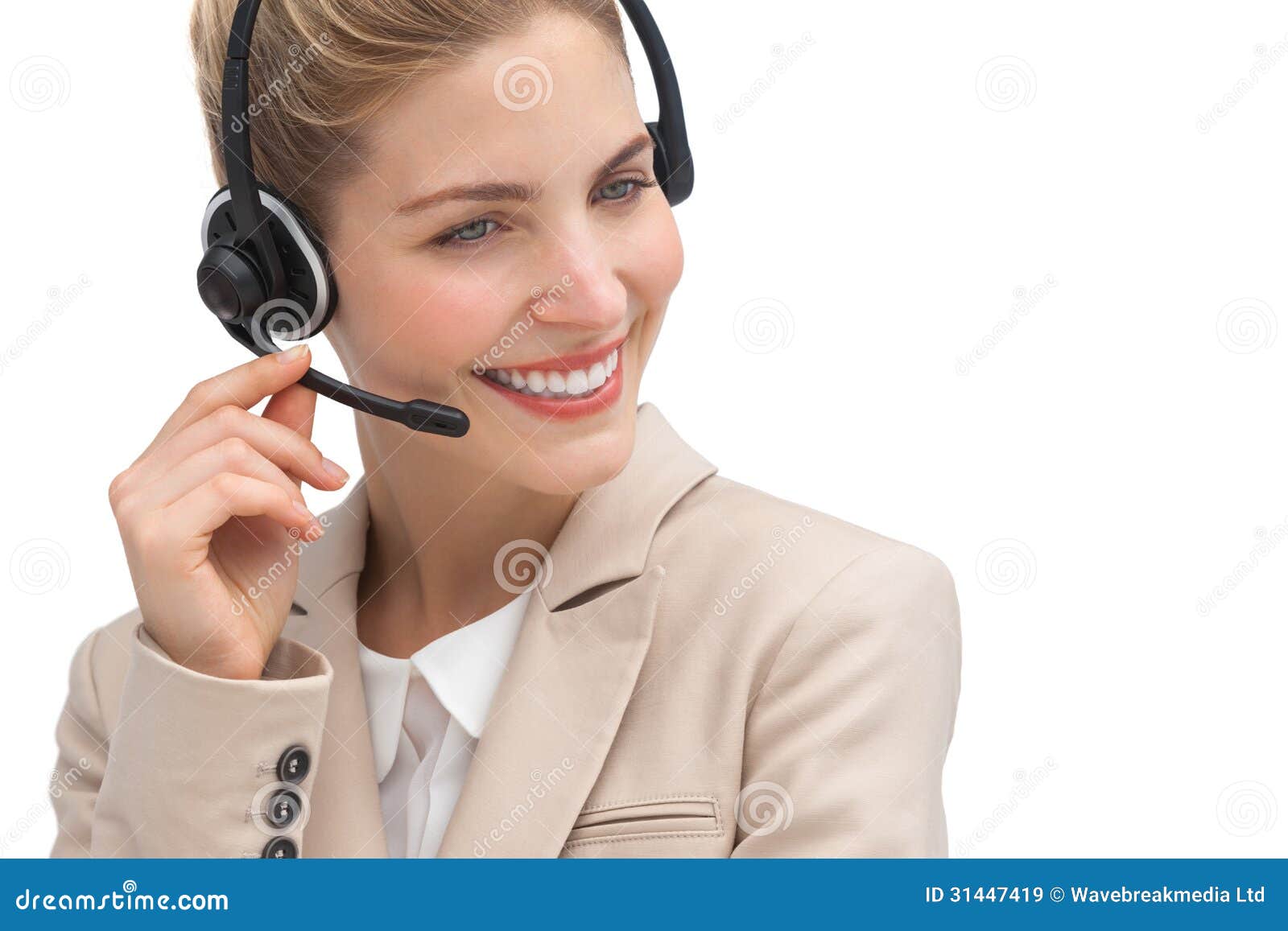 Smiling Operator Talking on Headset Stock Image - Image of female, suit ...