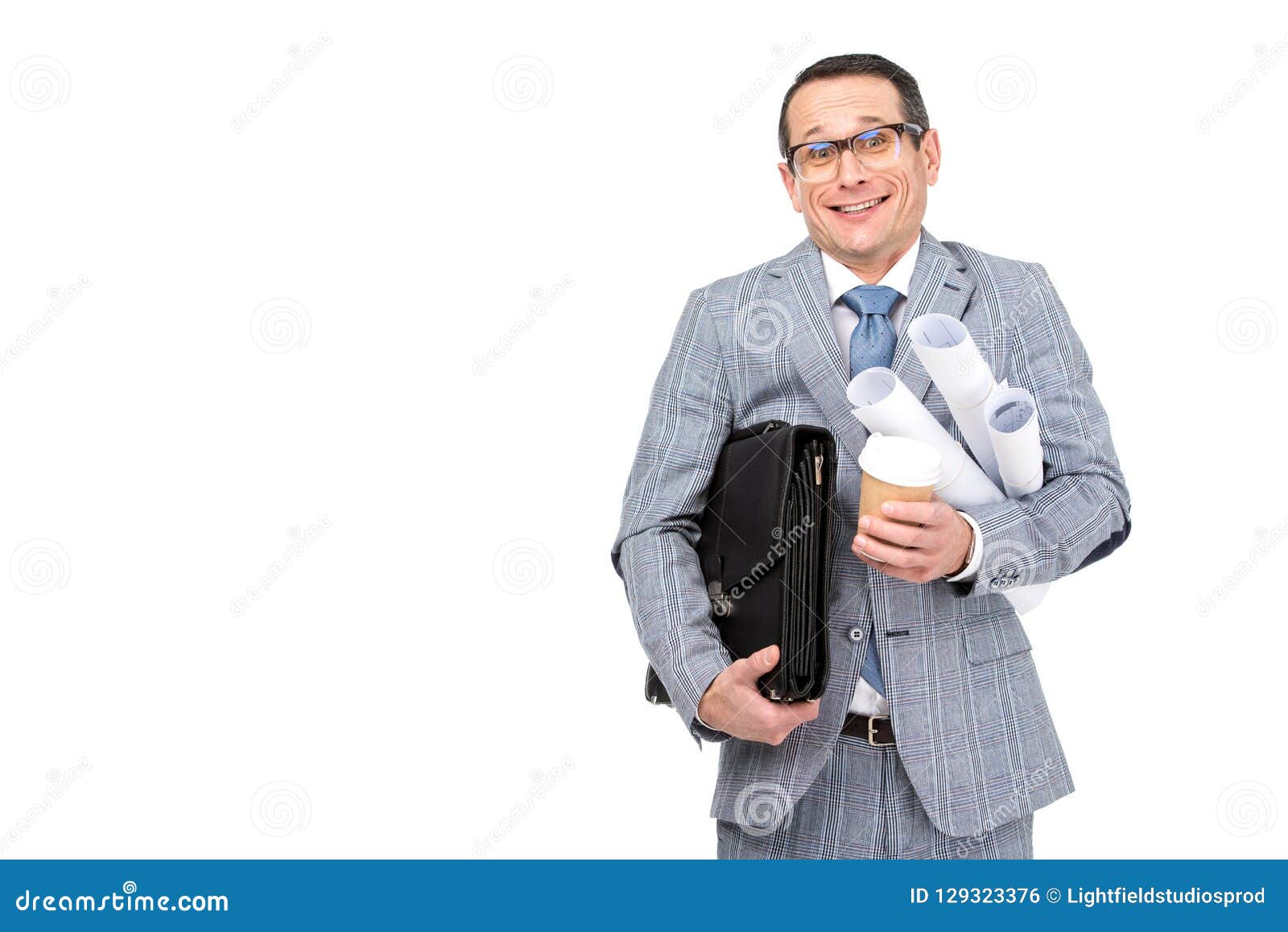 Smiling Overworked Businessman with Rolls of Paperwork and Coffee Stock ...
