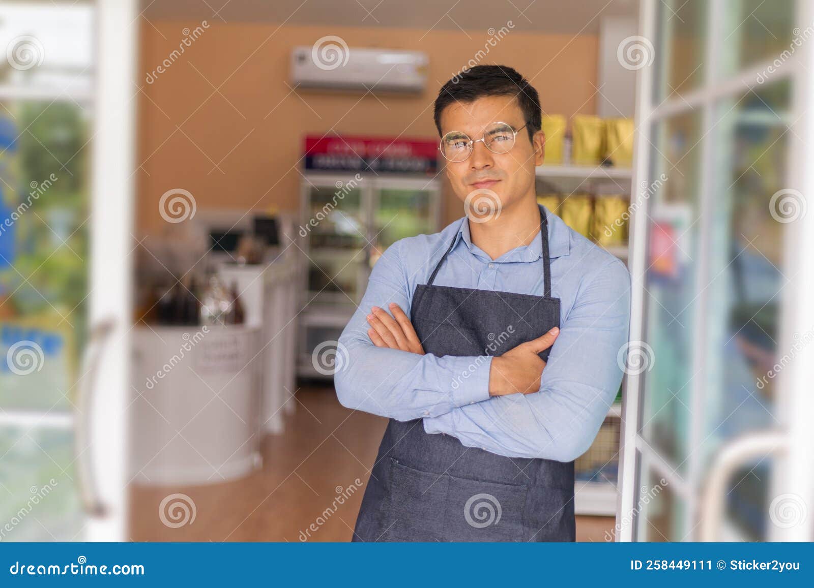 Smiling Owner Standing at His Restaurant Gate with Open Sign Stock ...