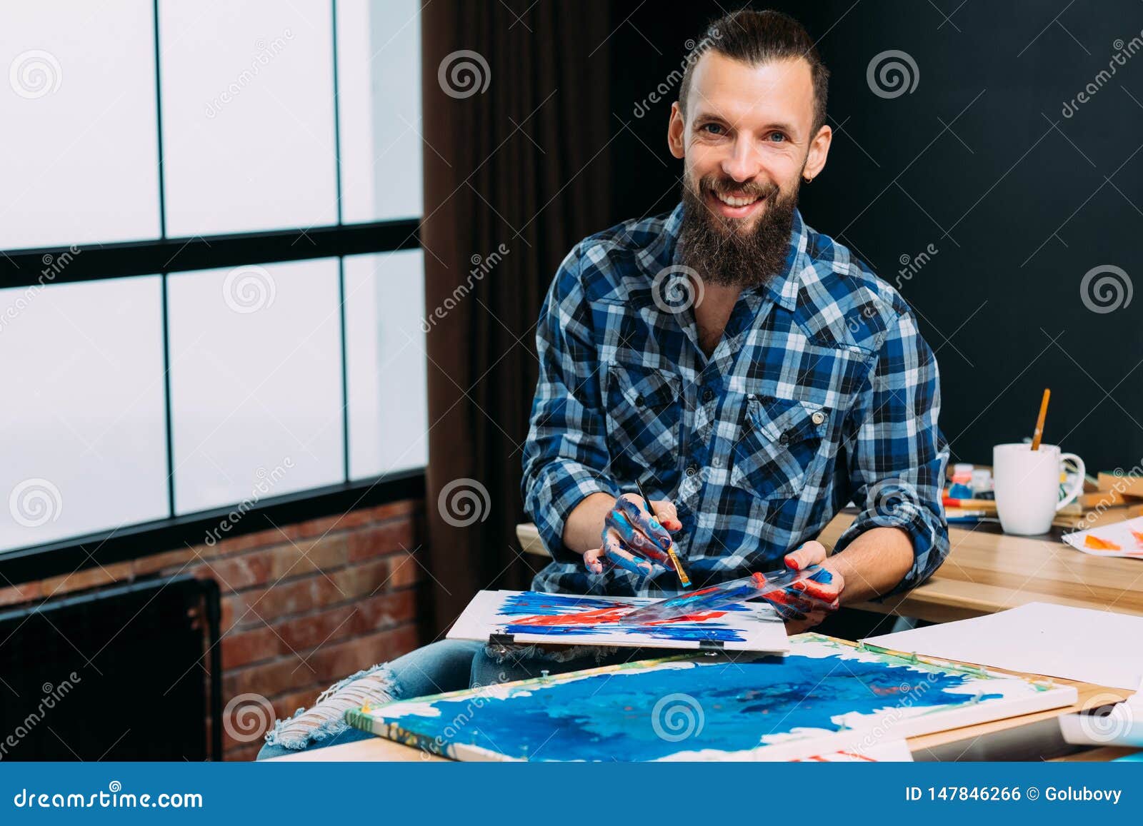 Smiling Painter Artwork Artist Creating Studio Stock Photo - Image of ...