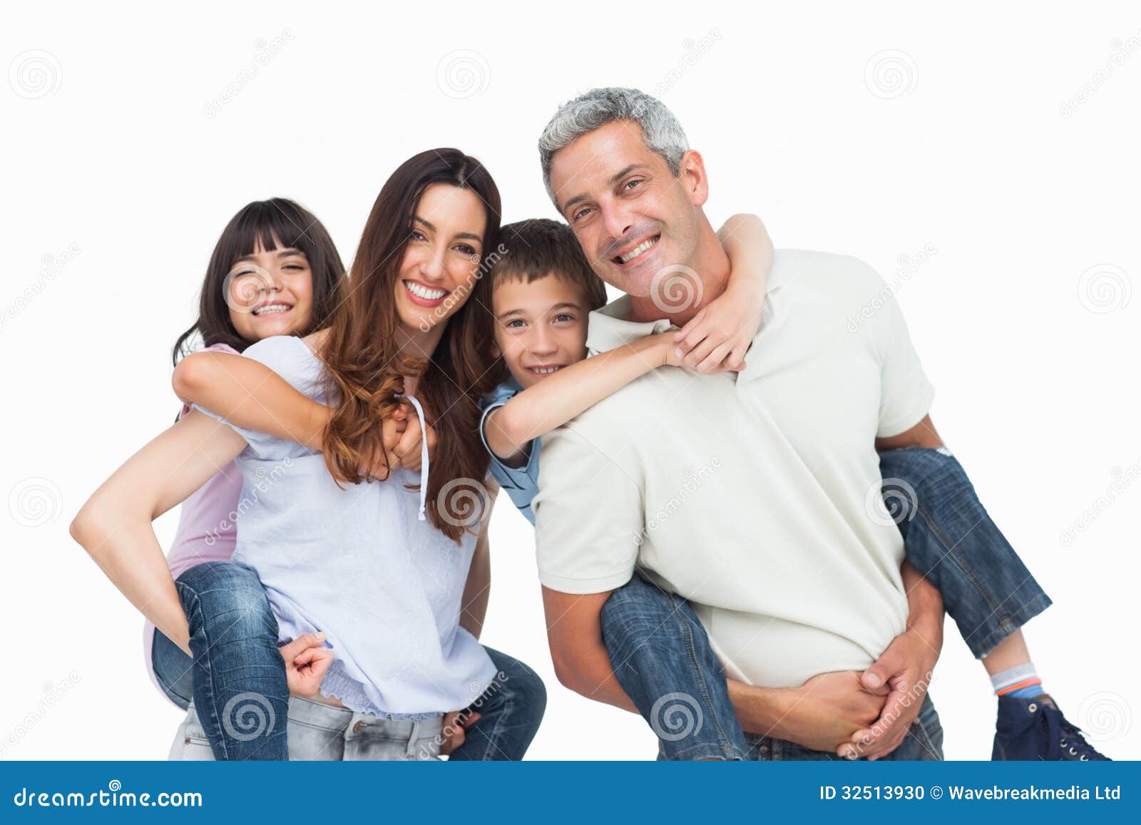 Smiling Parents Holding Their Children on Backs Stock Photo - Image of ...