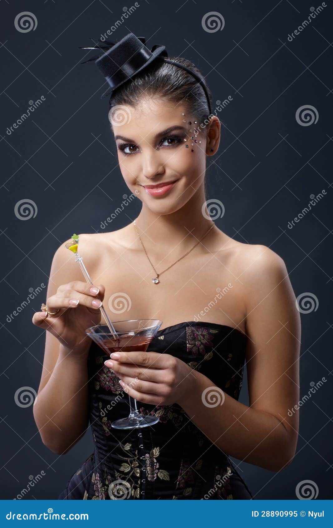 Smiling Party Woman with Cocktail Stock Image - Image of black, contact ...