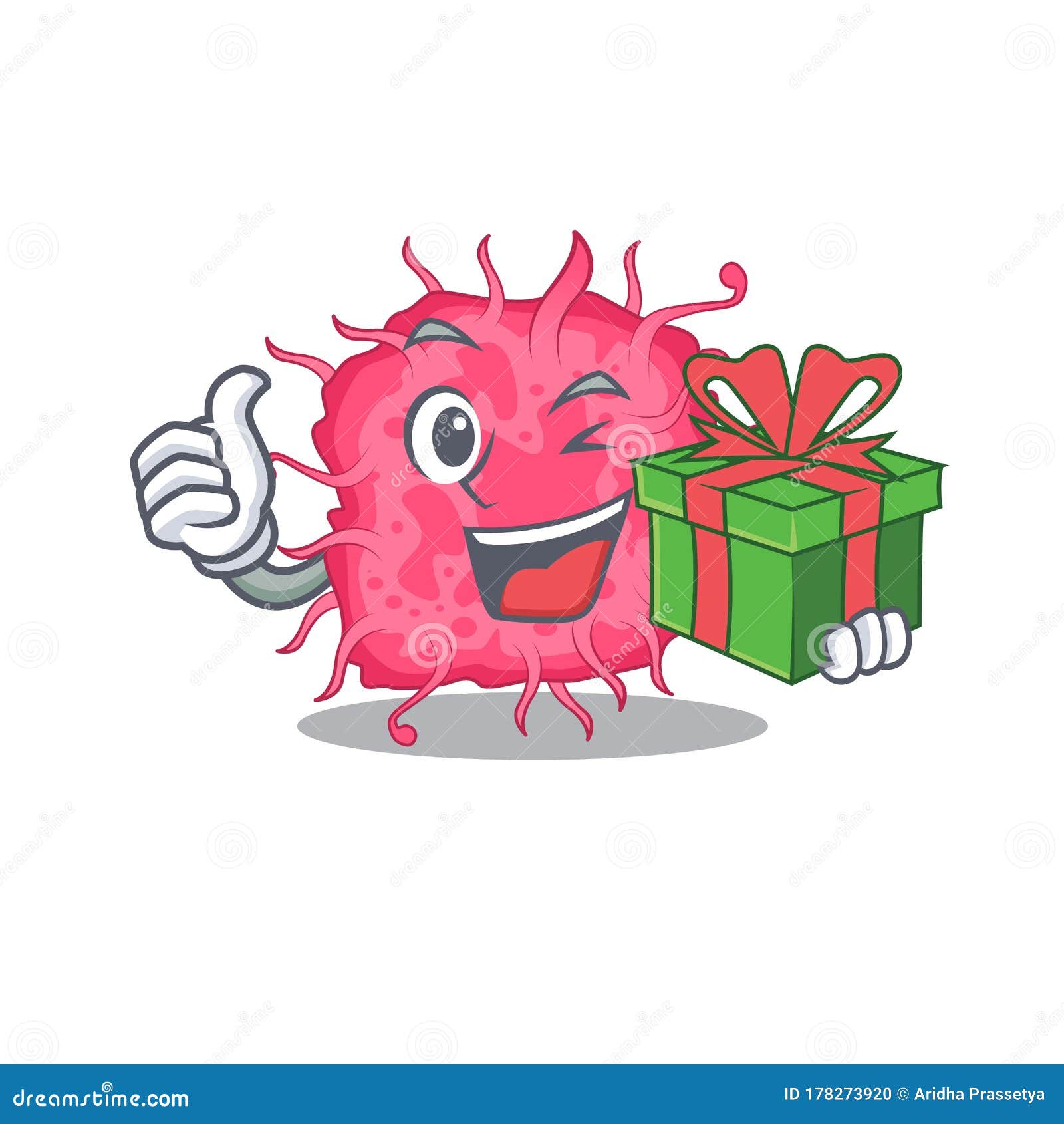 Smiling Pathogenic Bacteria Cartoon Character Having a Green Gift Box ...