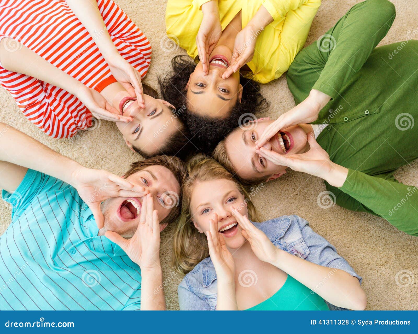 Smiling People Lying Down on Floor and Screaming Stock Photo - Image of ...
