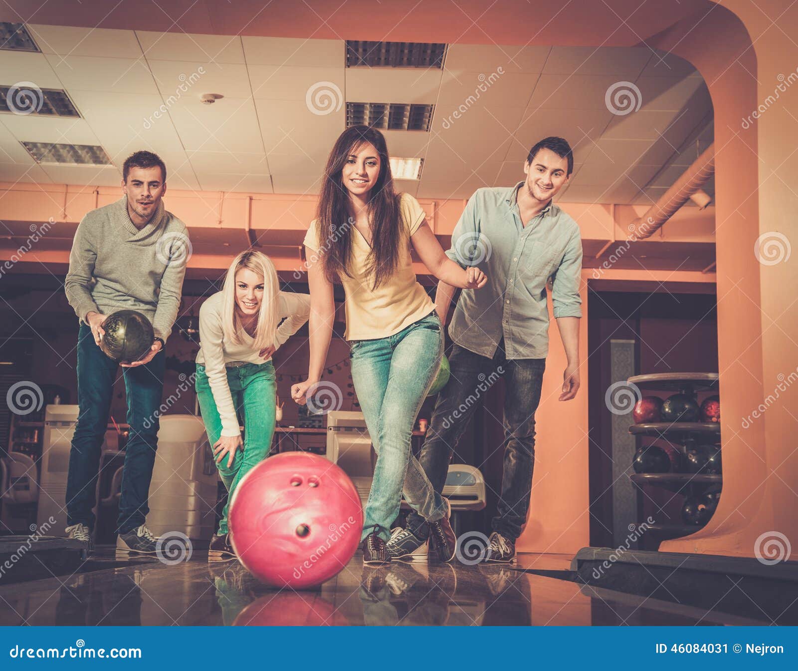 Smiling People Playing Bowling Stock Image - Image of blond, excitement ...