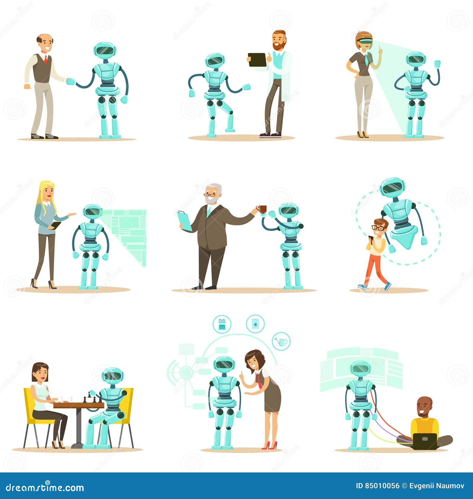 Smiling People and Robot Assistant, Set of Characters and Service ...