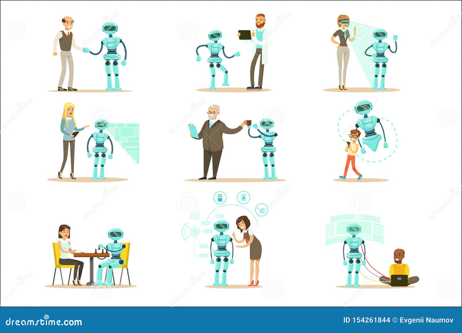 Smiling People and Robot Assistant, Set of Characters and Service ...