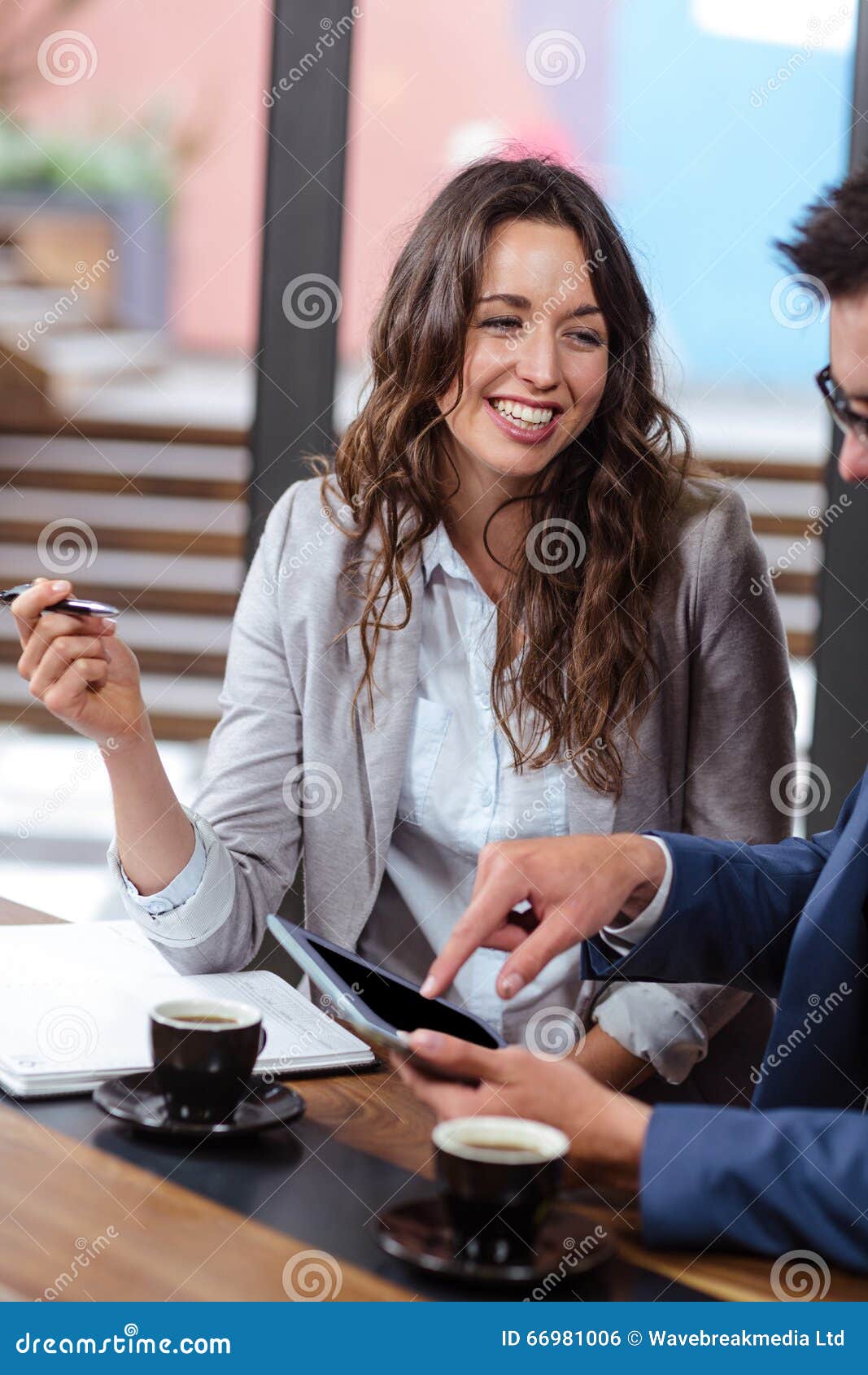 Smiling People Talking and Using Tablet Stock Photo - Image of adult ...