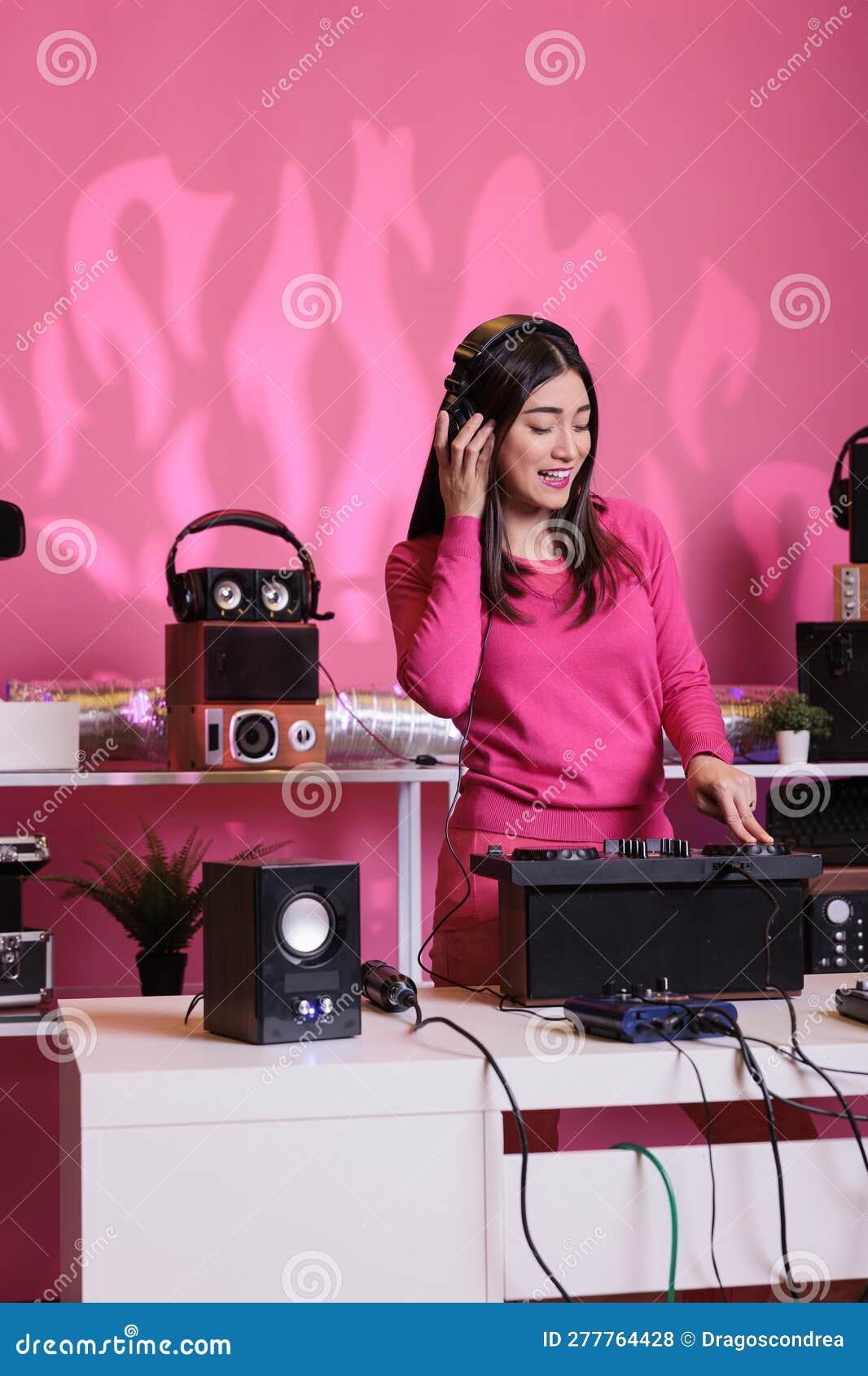 Smiling Performer Standing at Dj Table Creating Musical Performance ...