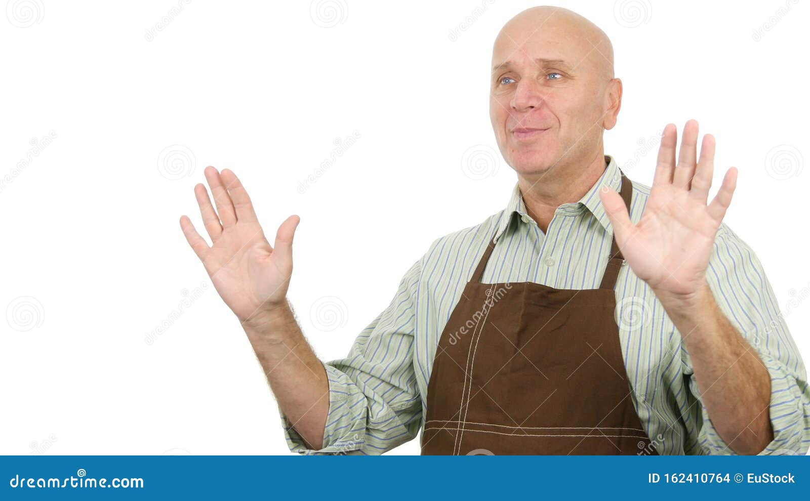 Smiling Person with Apron Make Hello Hand Gestures Stock Photo - Image ...