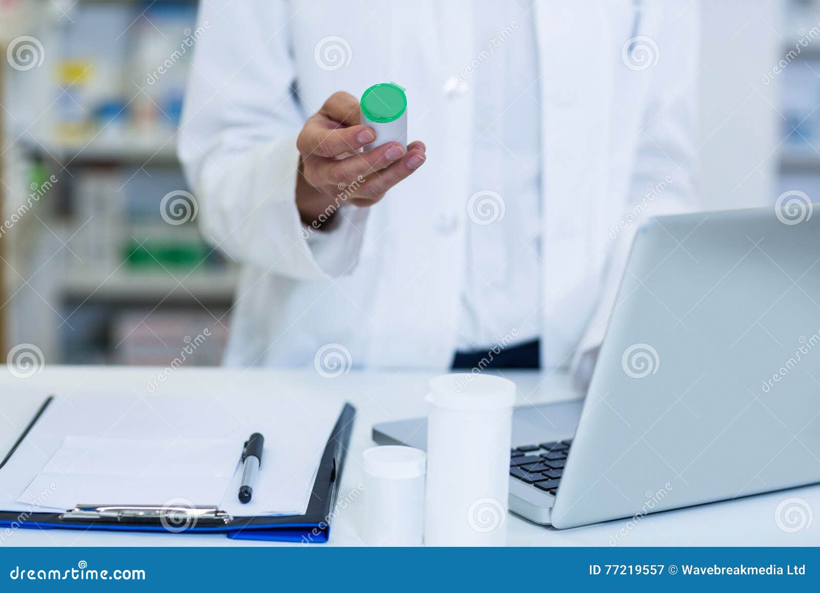 Smiling Pharmacist Standing at Counter in Pharmacy Stock Image - Image ...