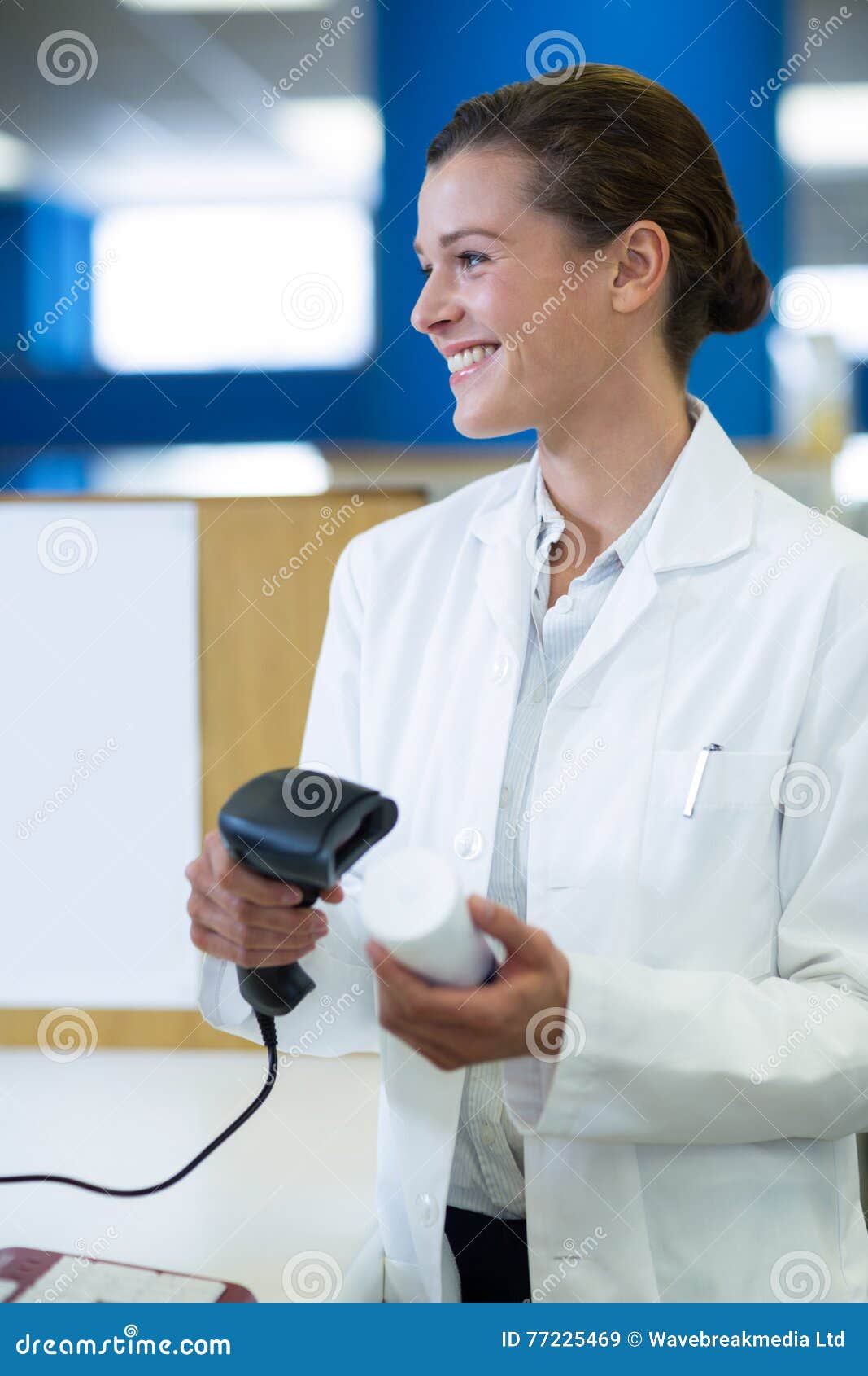 Smiling Pharmacist Using Barcode Scanner on Medicine Bottle Stock Image ...