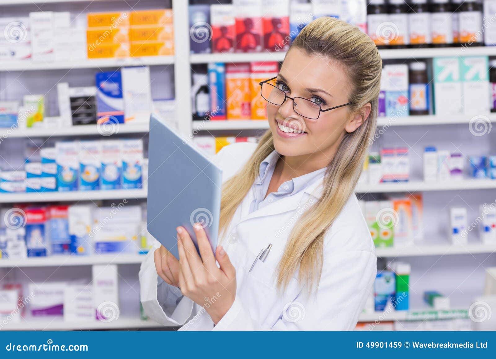 Smiling Pharmacist Using Tablet Pc Stock Image - Image of treatment ...