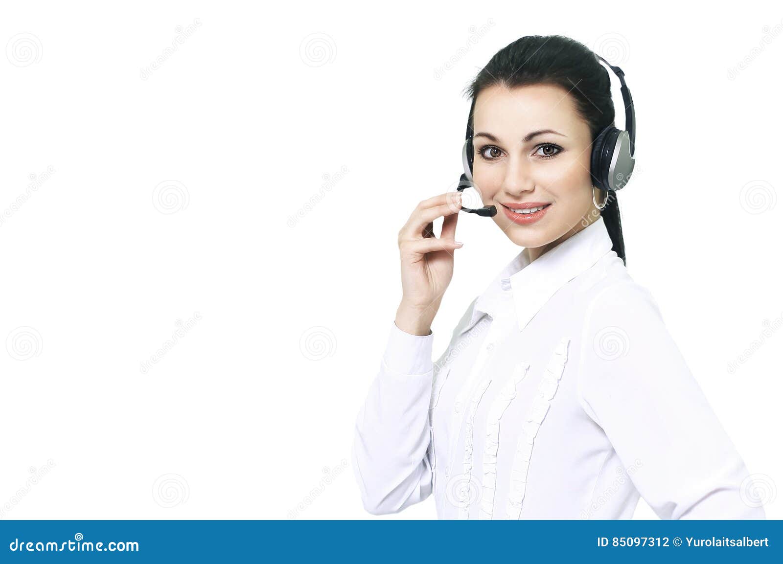 Smiling Phone Operator in Headphones with Microphone, Holding the His ...