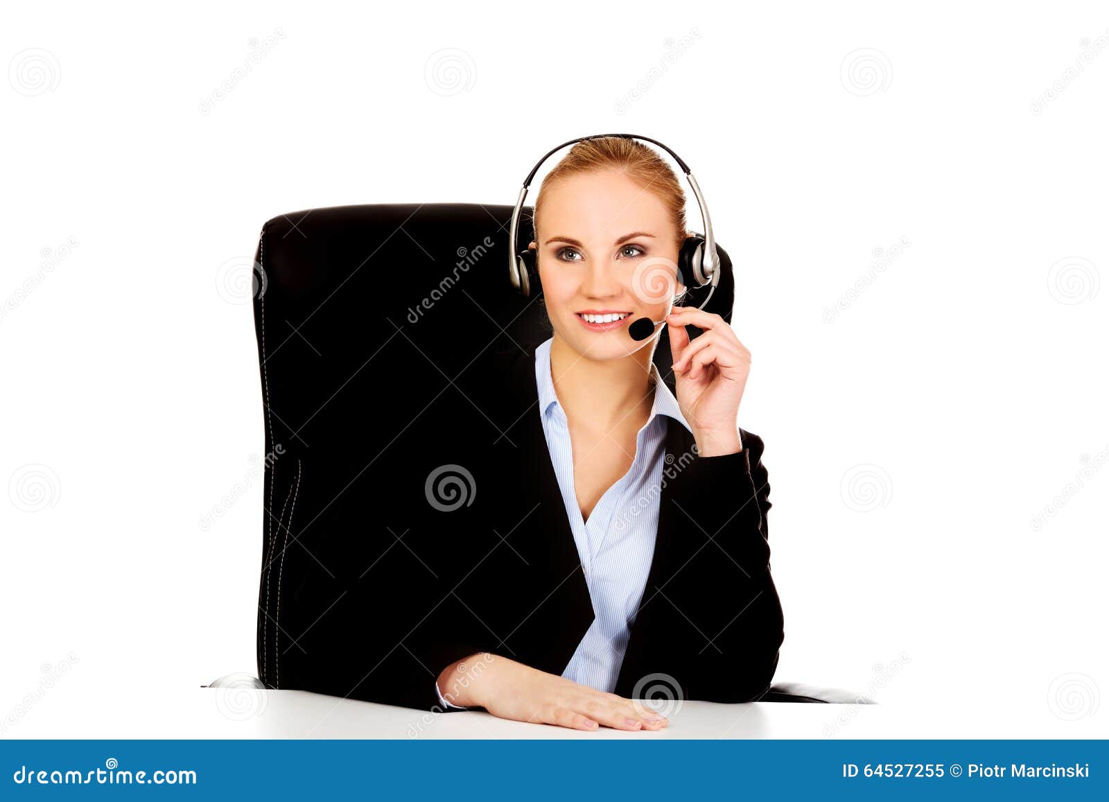 Smiling Phone Operator in Headphones Sitting Behind the Desk Stock ...