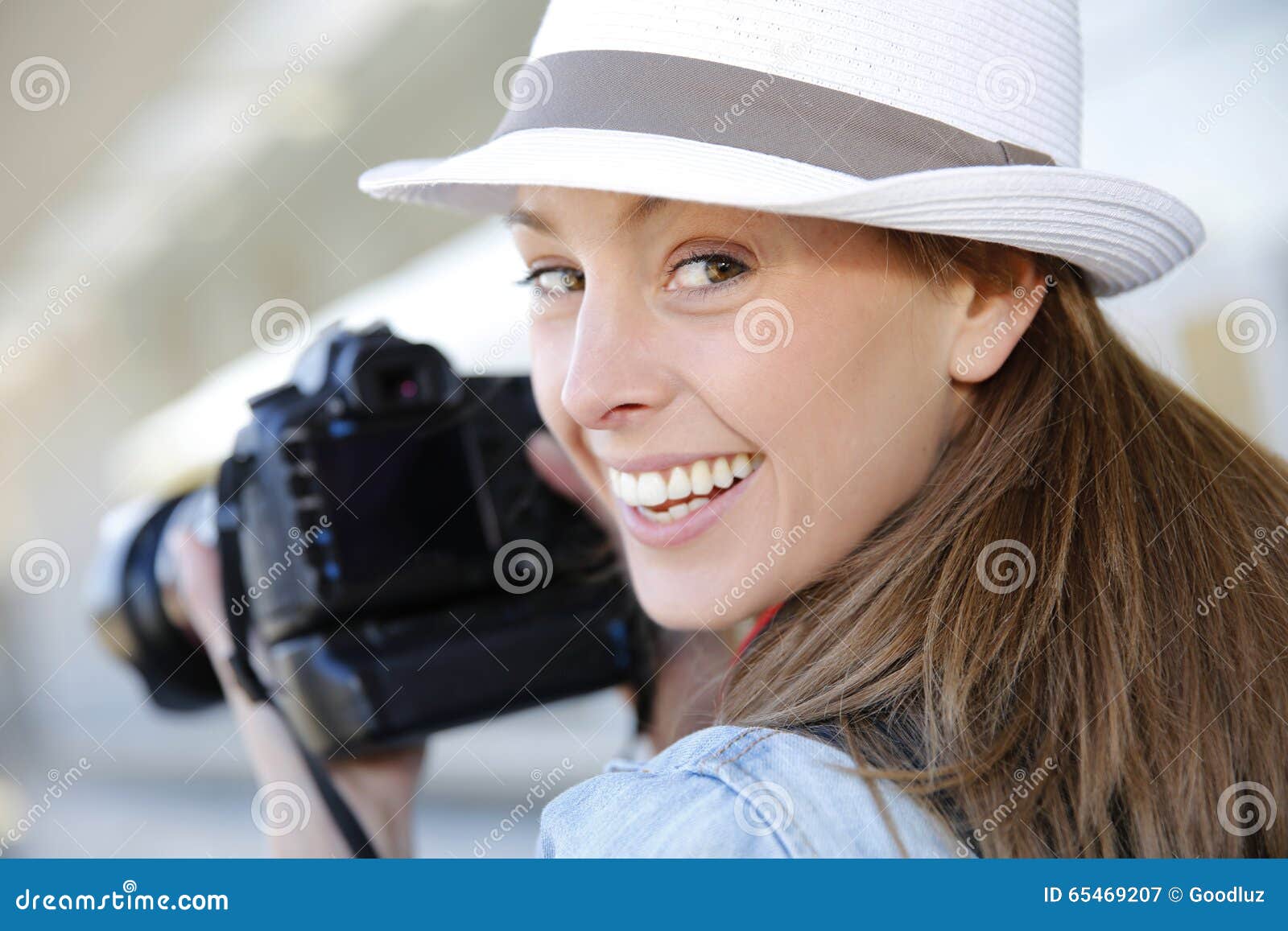 Smiling Photographer with Reflex Camera Stock Image - Image of outdoors ...