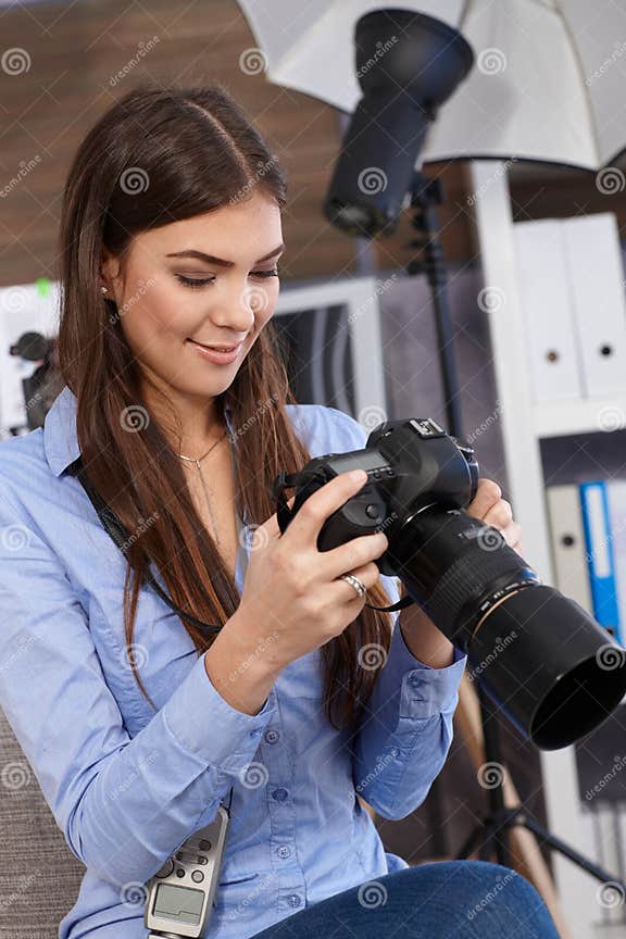 Smiling Photographer at Work Stock Image - Image of photographing, lens ...