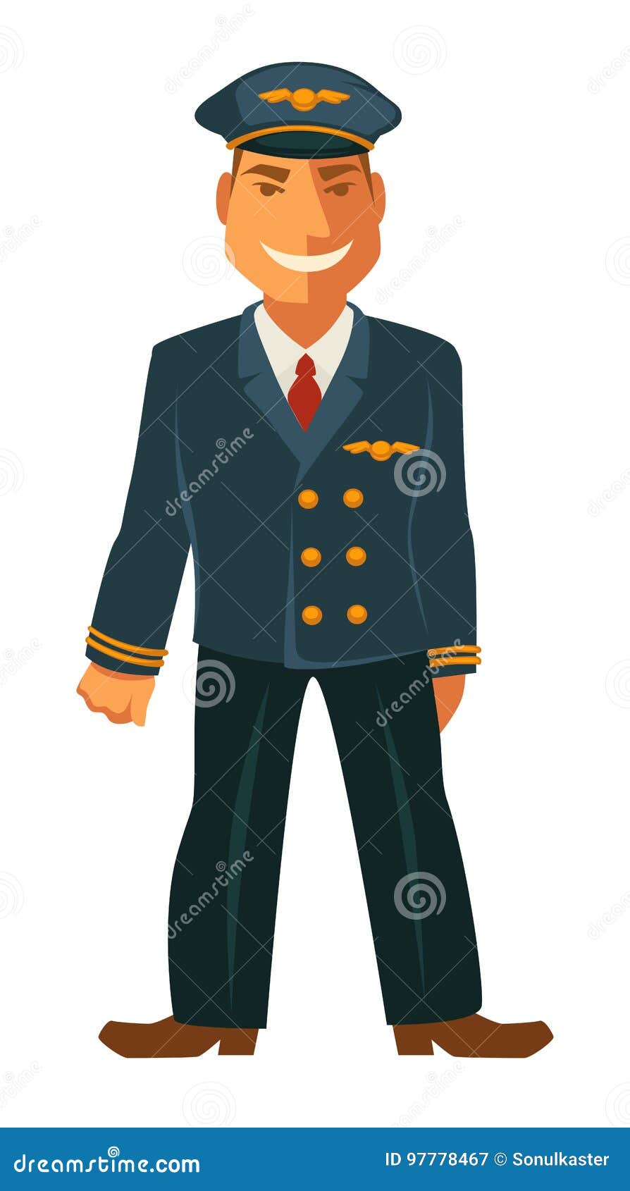 Smiling Pilot Stands On Isolated White Background Cartoon Vector ...