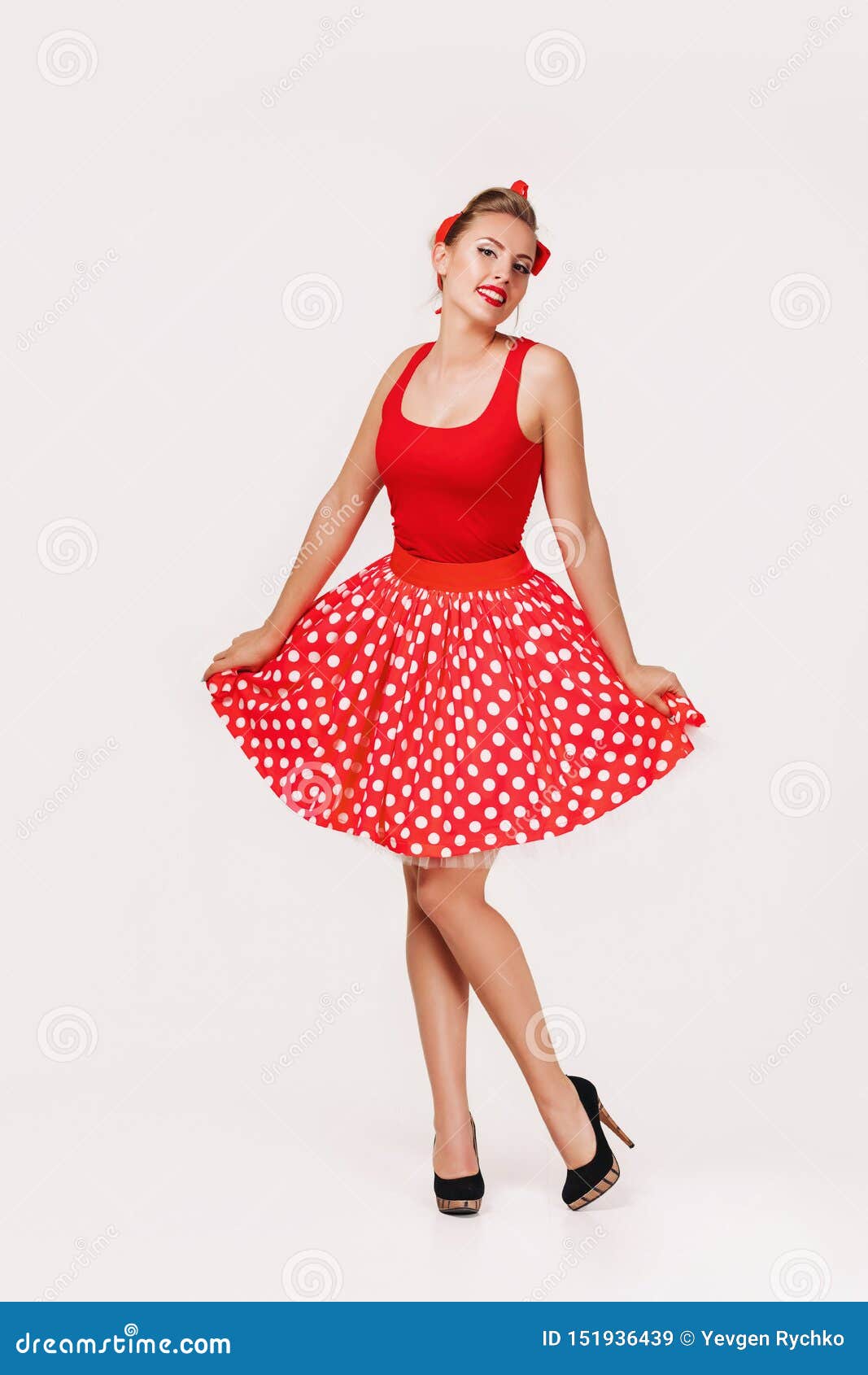 Smiling Pin Up Woman In Polka Dot Red Dress Stock Image Image Of
