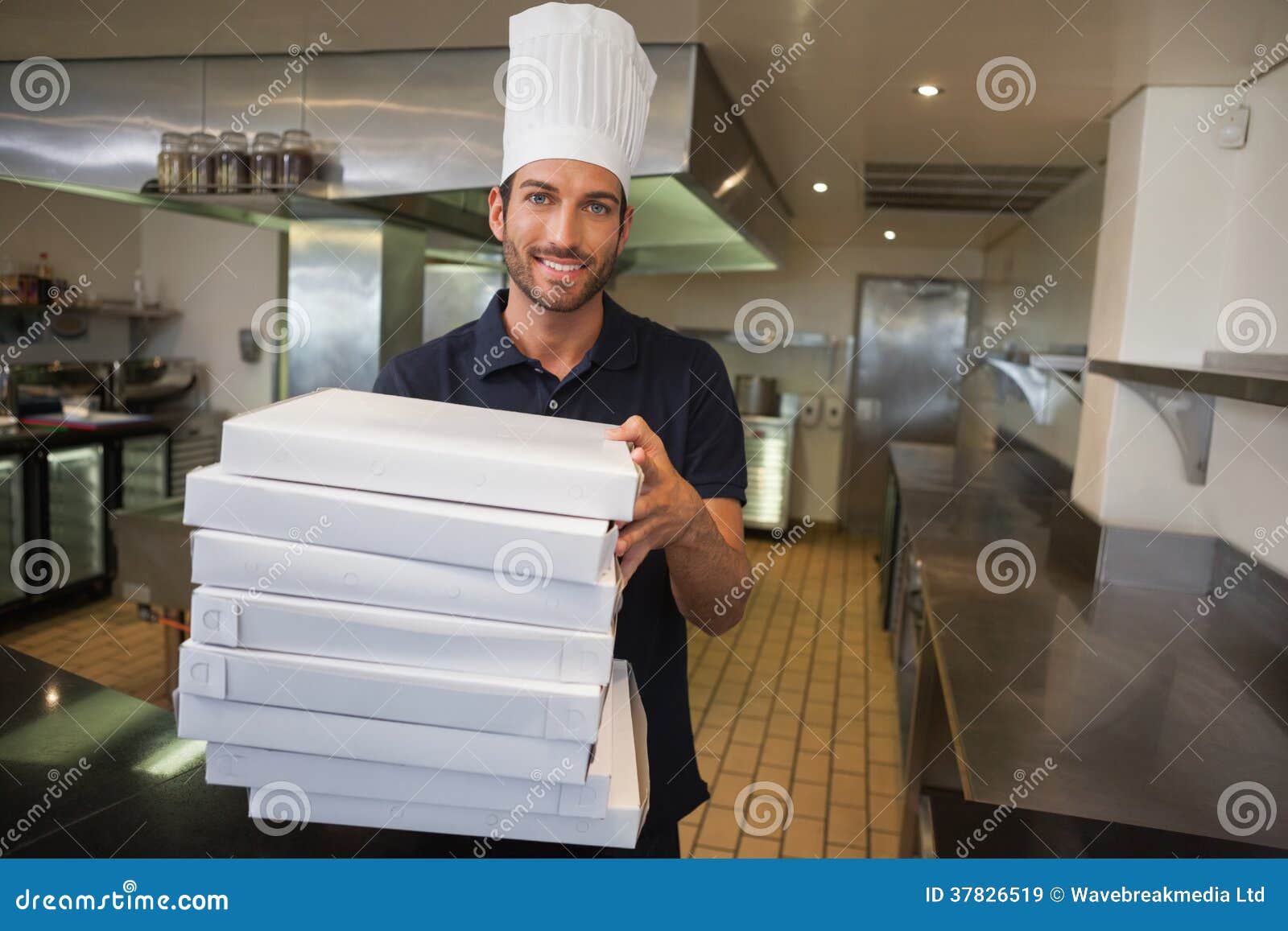 Smiling Pizza Chef Holding Stack of Pizza Boxes Stock Image - Image of ...