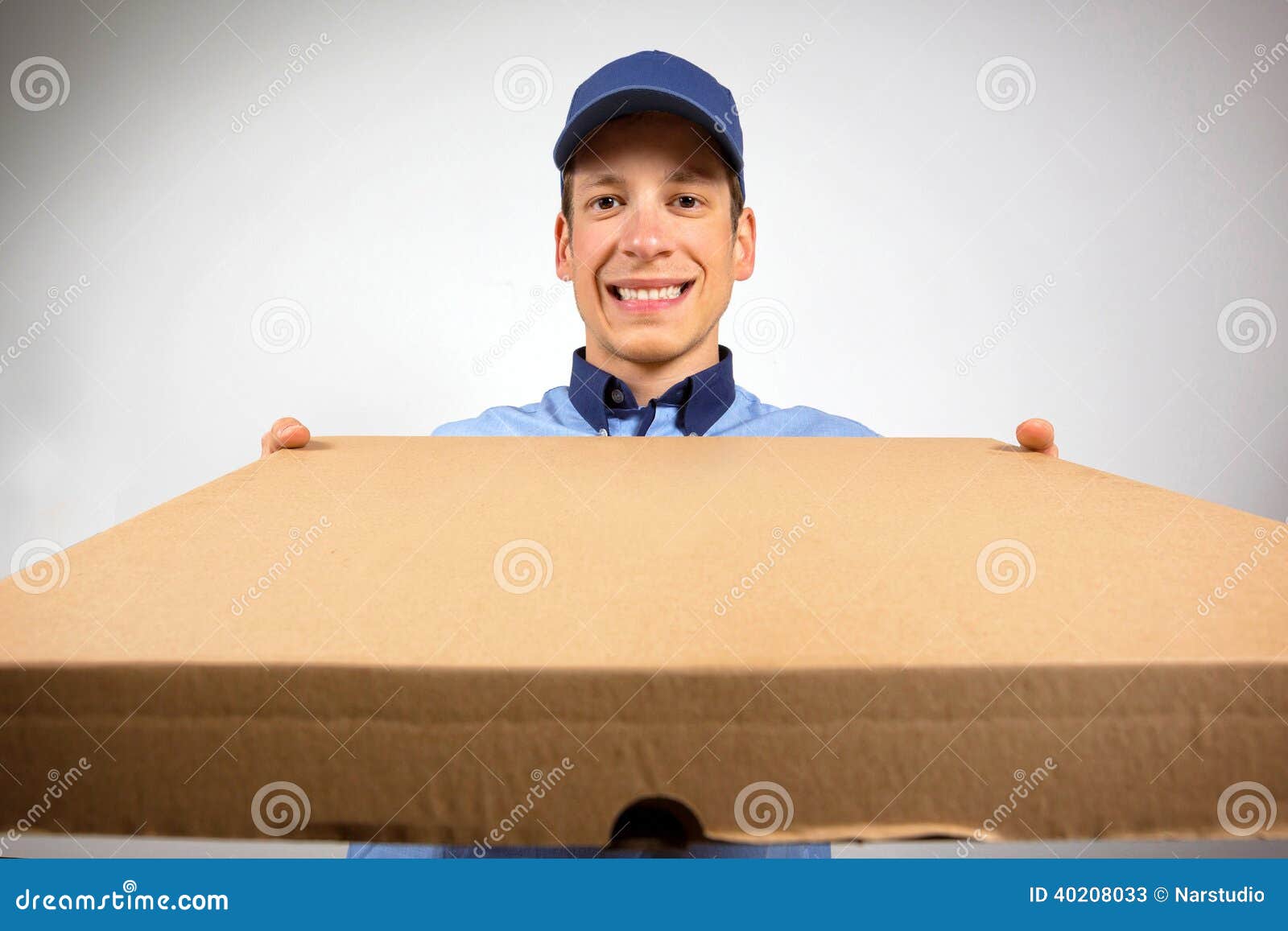 Smiling Pizza Delivery Man Holding Pizza Box Stock Image - Image of ...