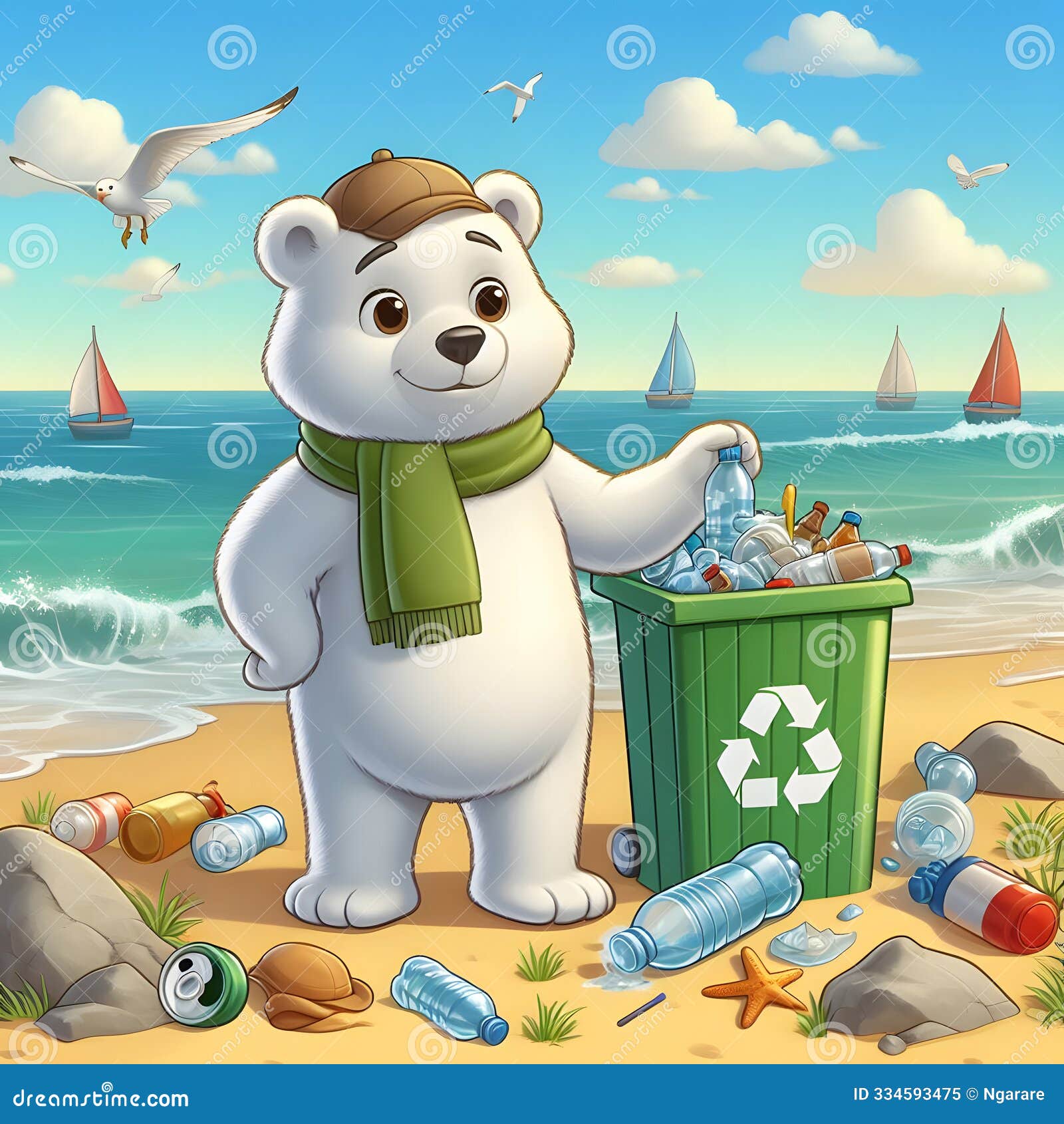 Smiling Polar Bear Helping Clean the Beach. Recycle Concept. Generative ...
