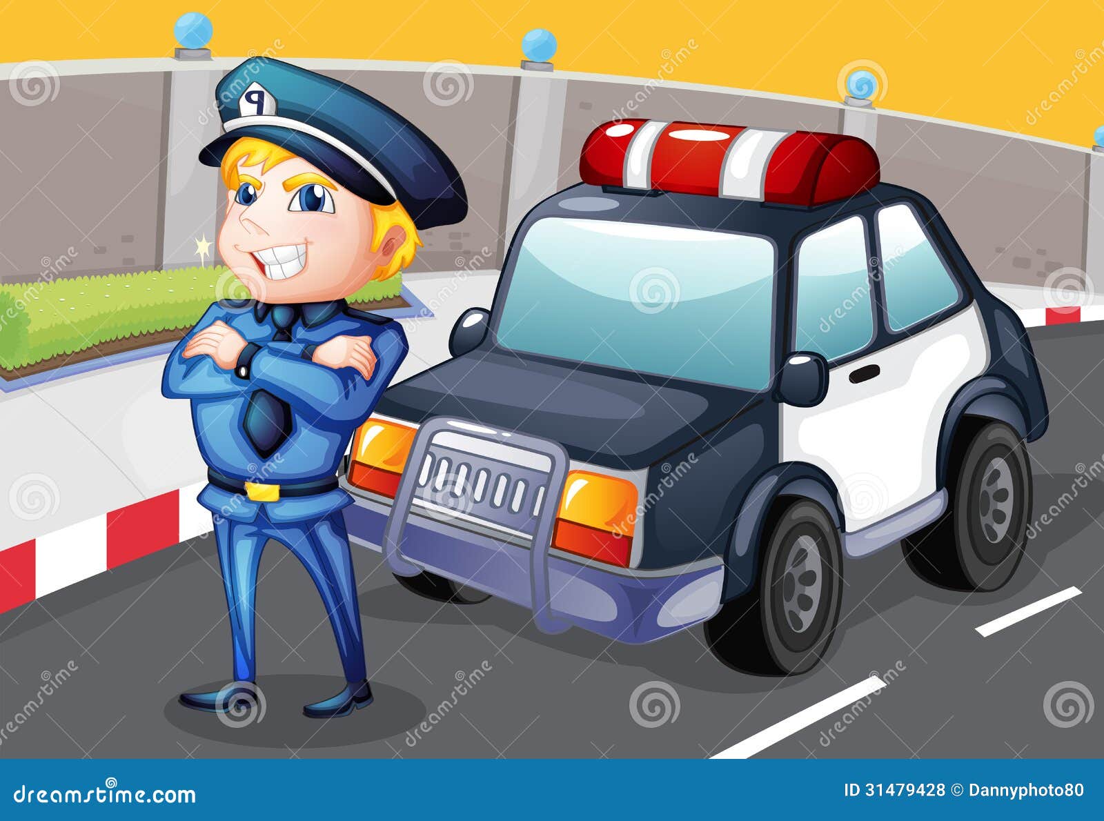A Smiling Policeman Standing in Front of a Police Car Stock Vector ...