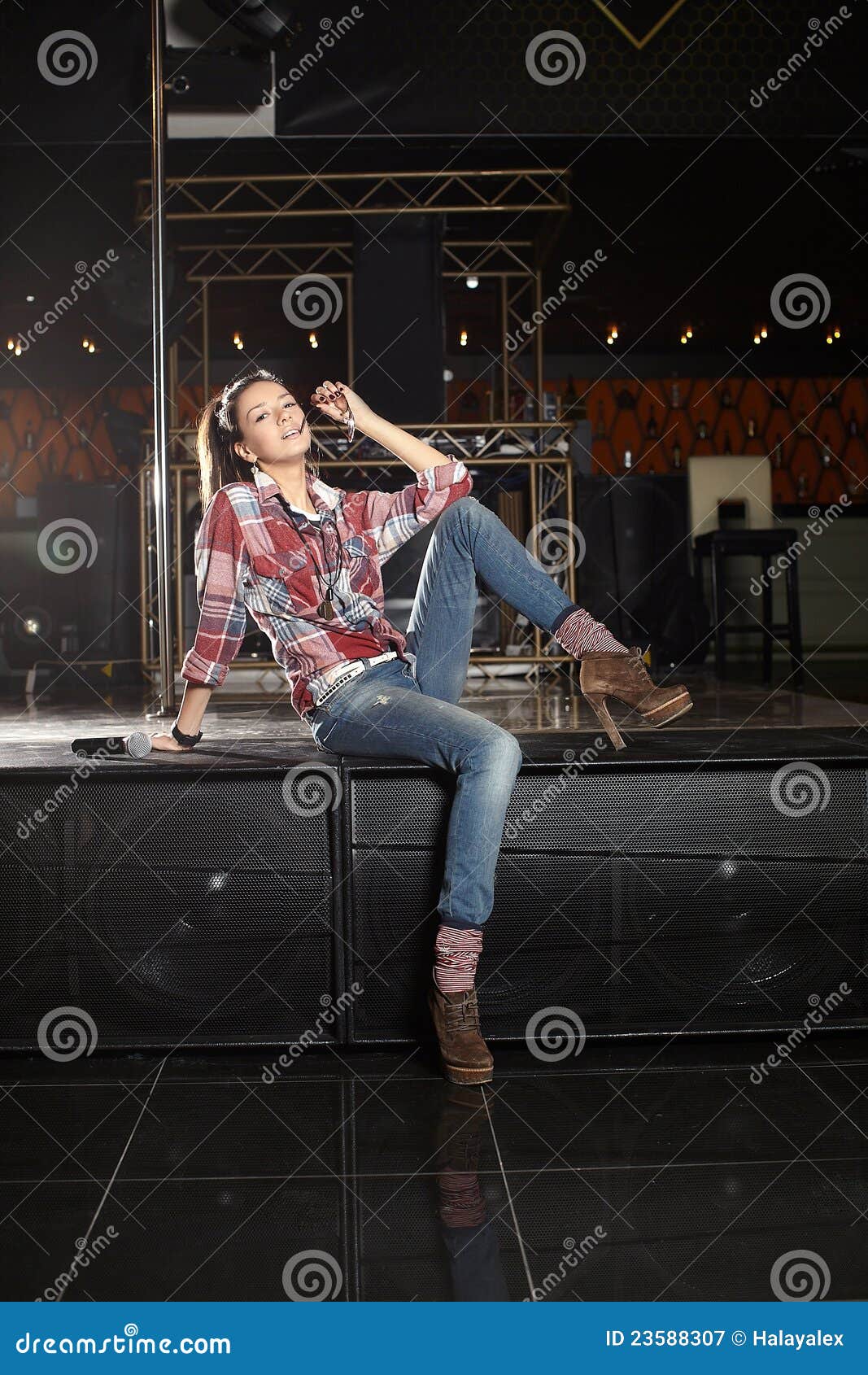 Smiling Pop Star Singer with Microphone Stock Image - Image of blond ...