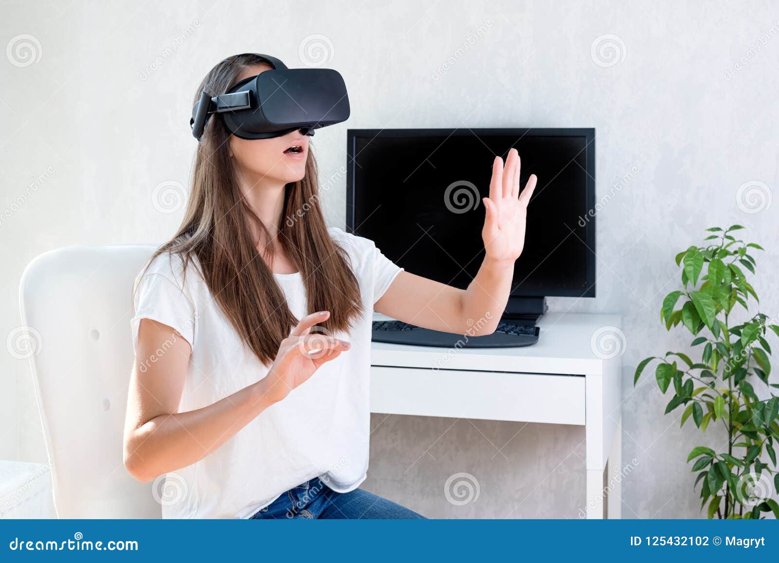 Smiling Positive Woman Wearing Virtual Reality Goggles Headset Vr Box