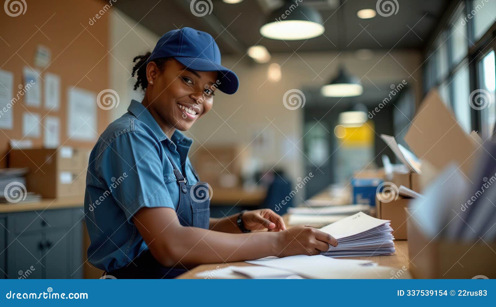 Smiling Postal Worker Sorting Mail at the Office in Uniform and Cap ...