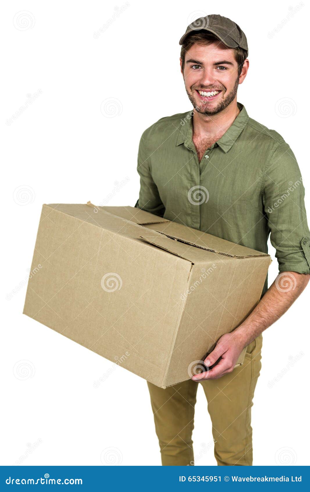 Smiling Postman Holding Package Stock Image - Image of camera, brown ...