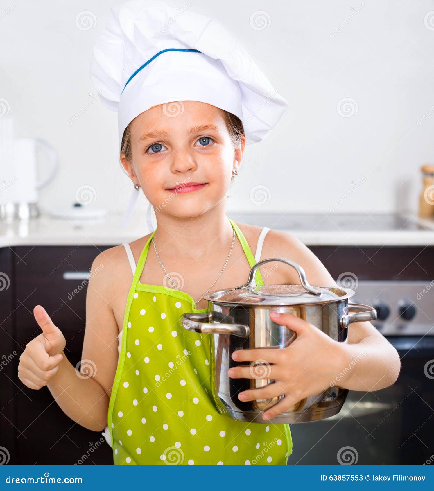 Smiling Preschooler Posing with Pan Stock Image - Image of help, duty ...