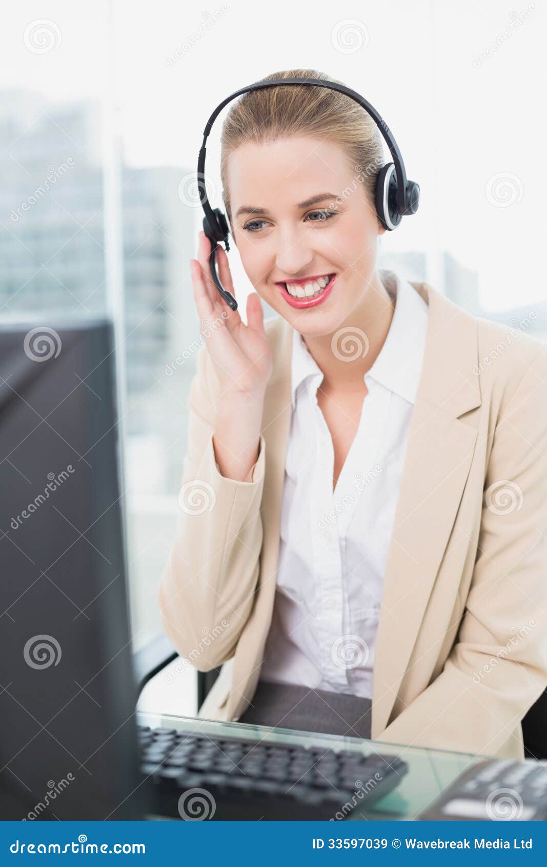 Smiling Pretty Agent Wearing Headset Dealing with Customer Stock Image ...