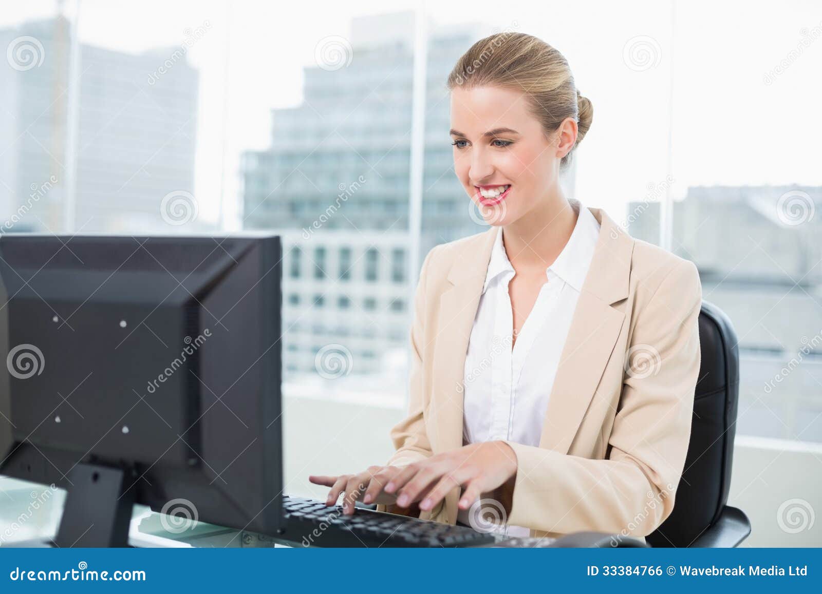 Smiling Pretty Businesswoman Working on Computer Stock Photo - Image of ...