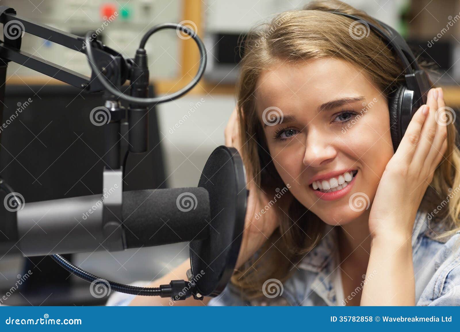 Smiling Pretty Singer Recording a Song Stock Photo - Image of station ...