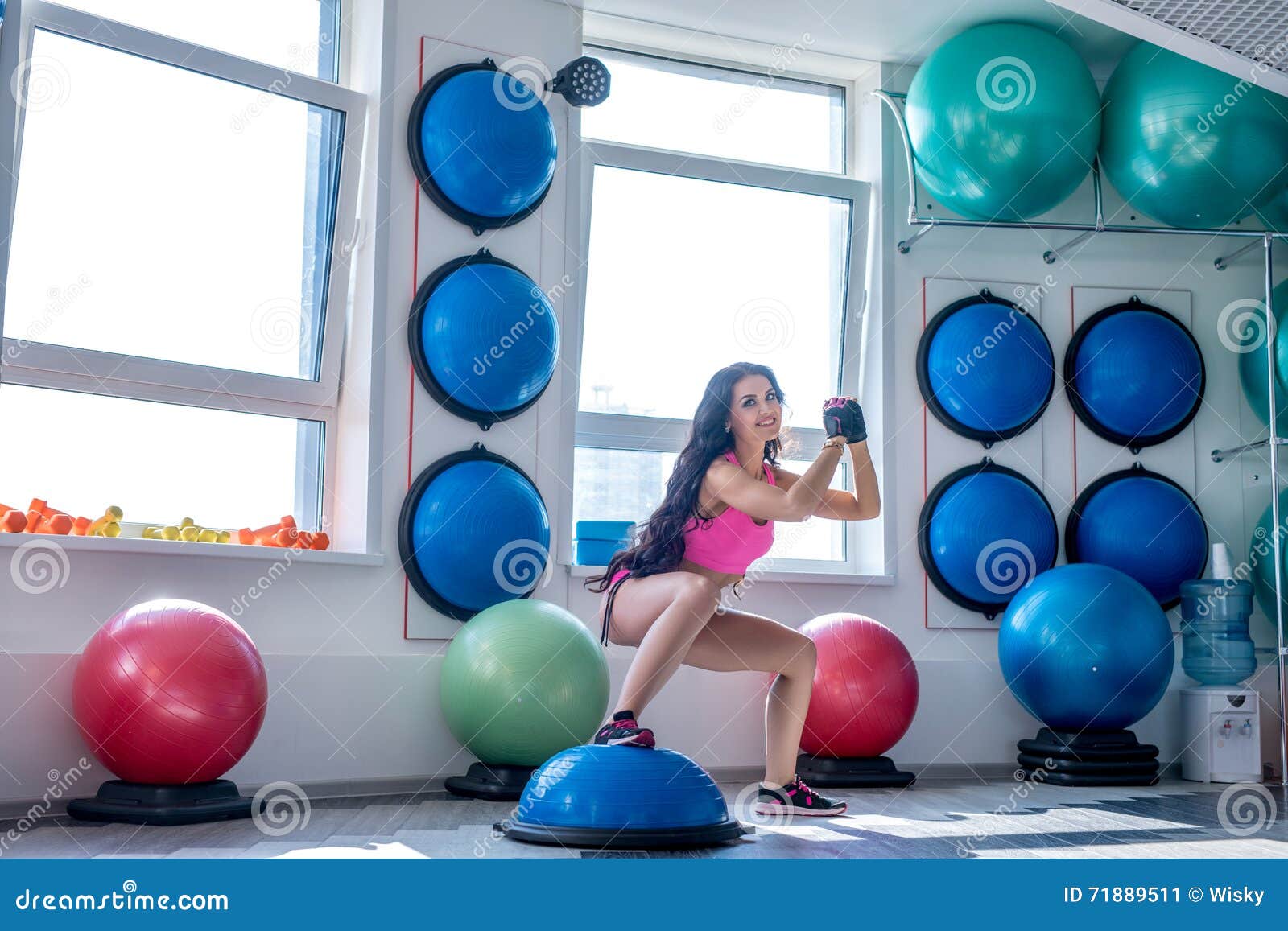 Smiling Pretty Woman Doing Squats at Gym Stock Image - Image of body ...