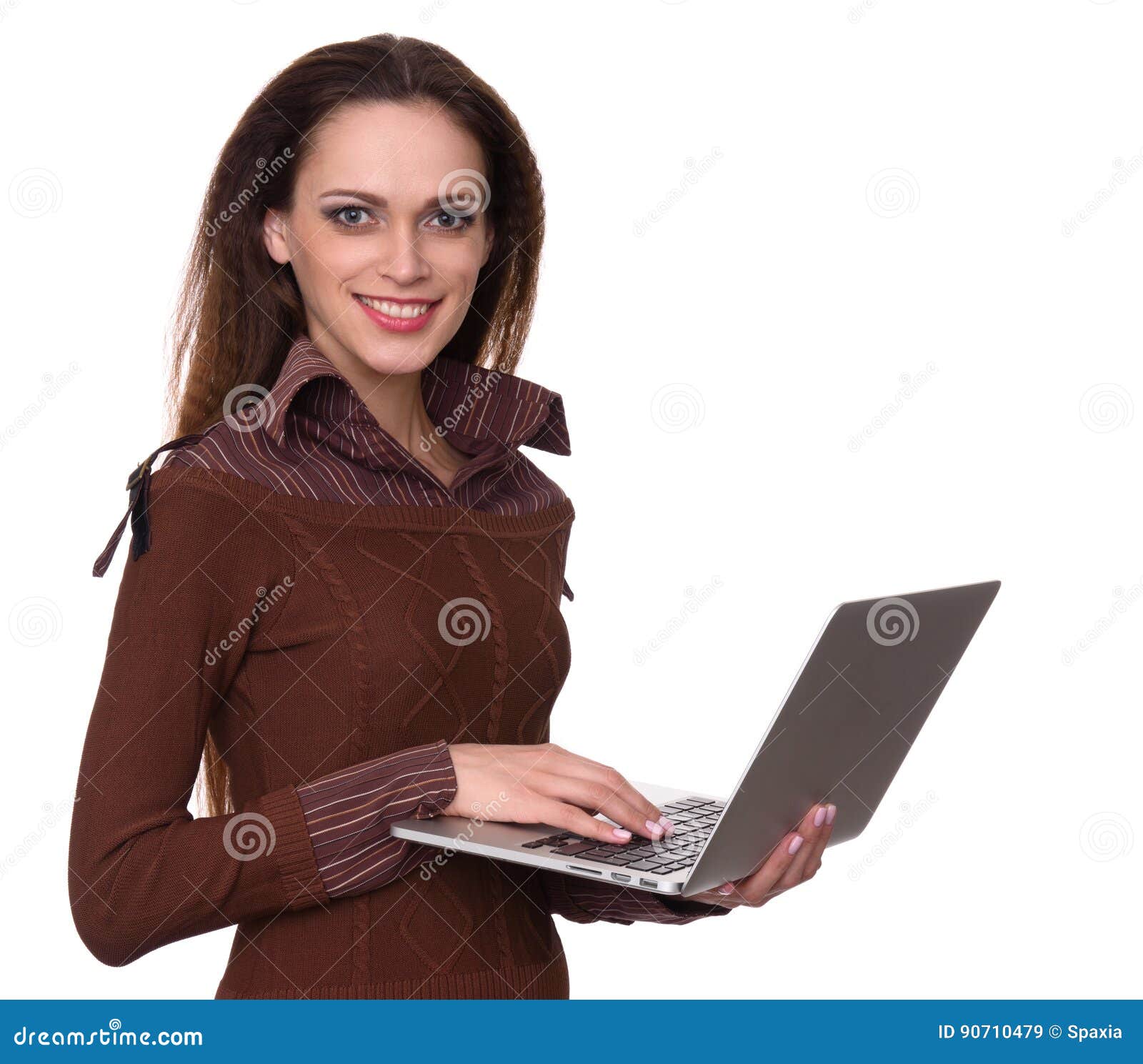 Smiling Pretty Woman Use Laptop Computer. Isolated Stock Image - Image ...