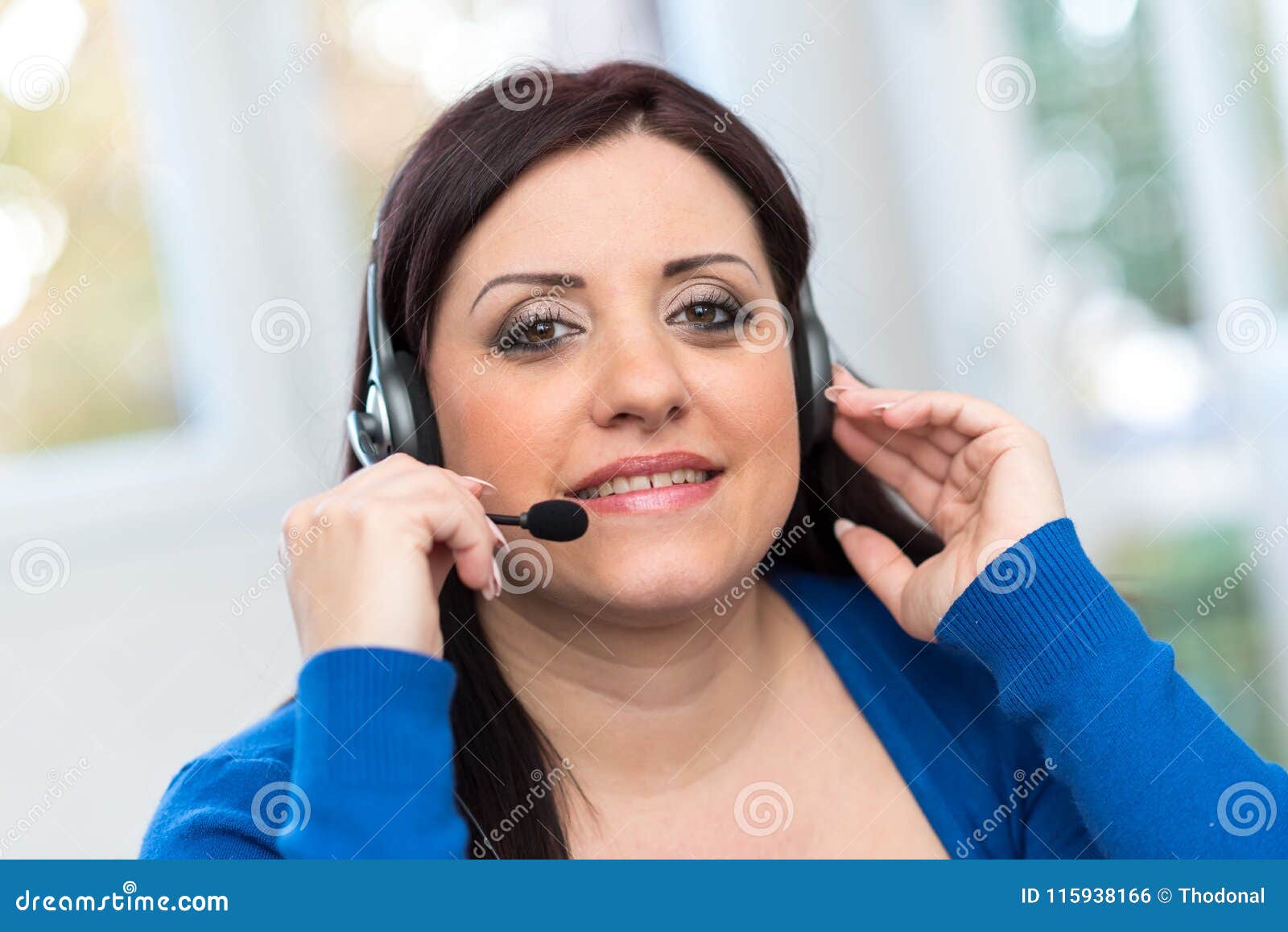 Smiling Woman Using an Headset Stock Photo - Image of communication ...