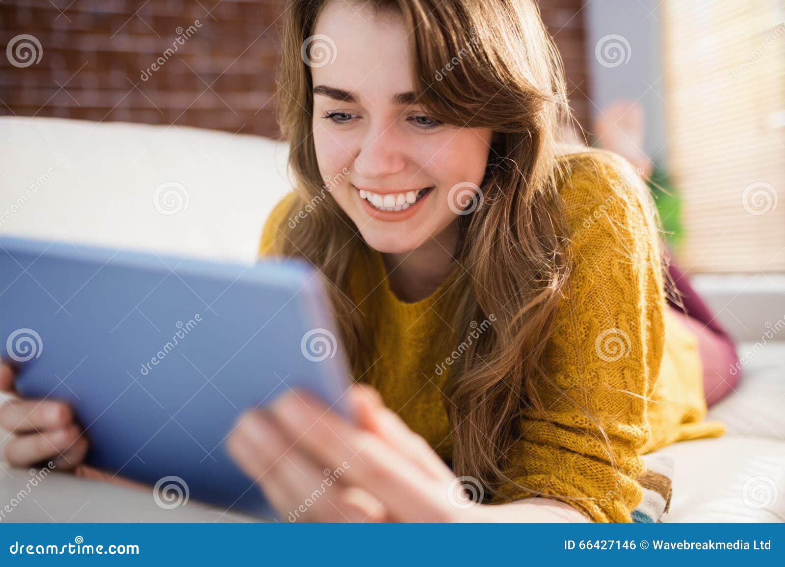 Smiling Pretty Woman Using Tablet Stock Photo - Image of cheerful ...