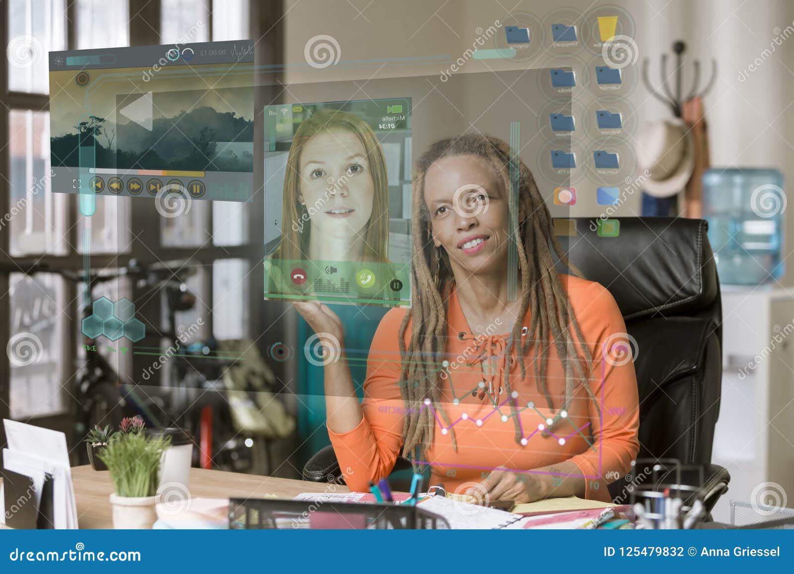 Smiling Professional Woman Viewing Call on a Futuristic Computer Stock ...