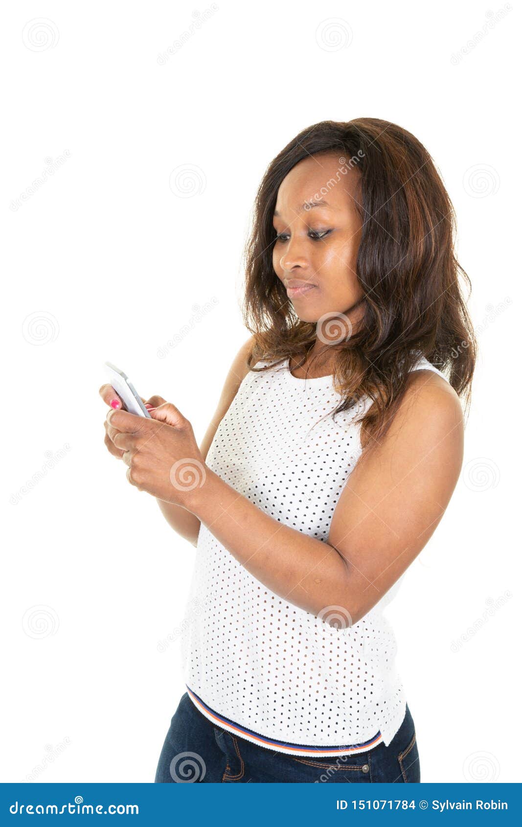 Smiling Profile Happy African American Woman Using Phone Browsing